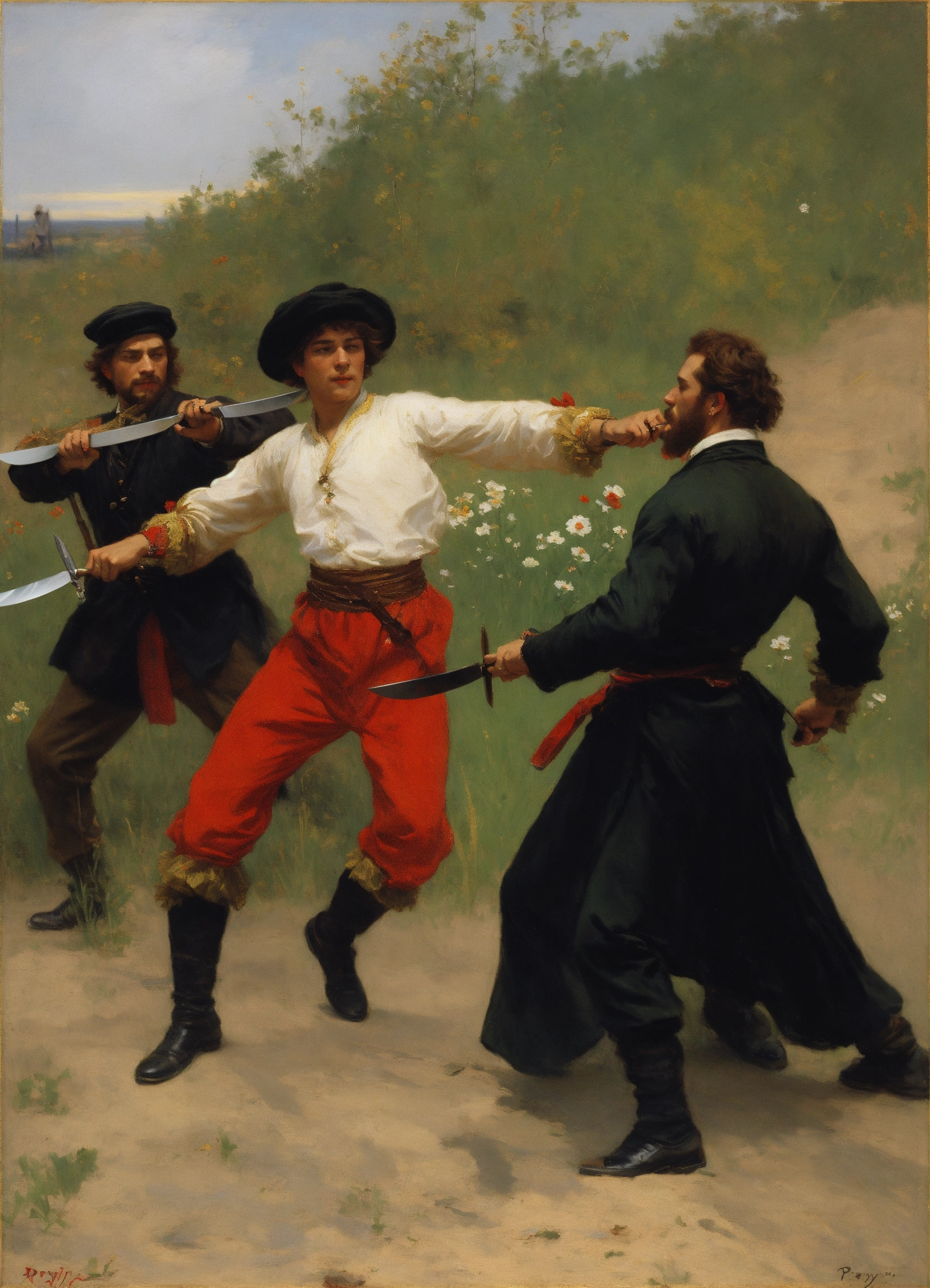 Lexica - Artwork by Ilya Repin Knife duel between men and women
