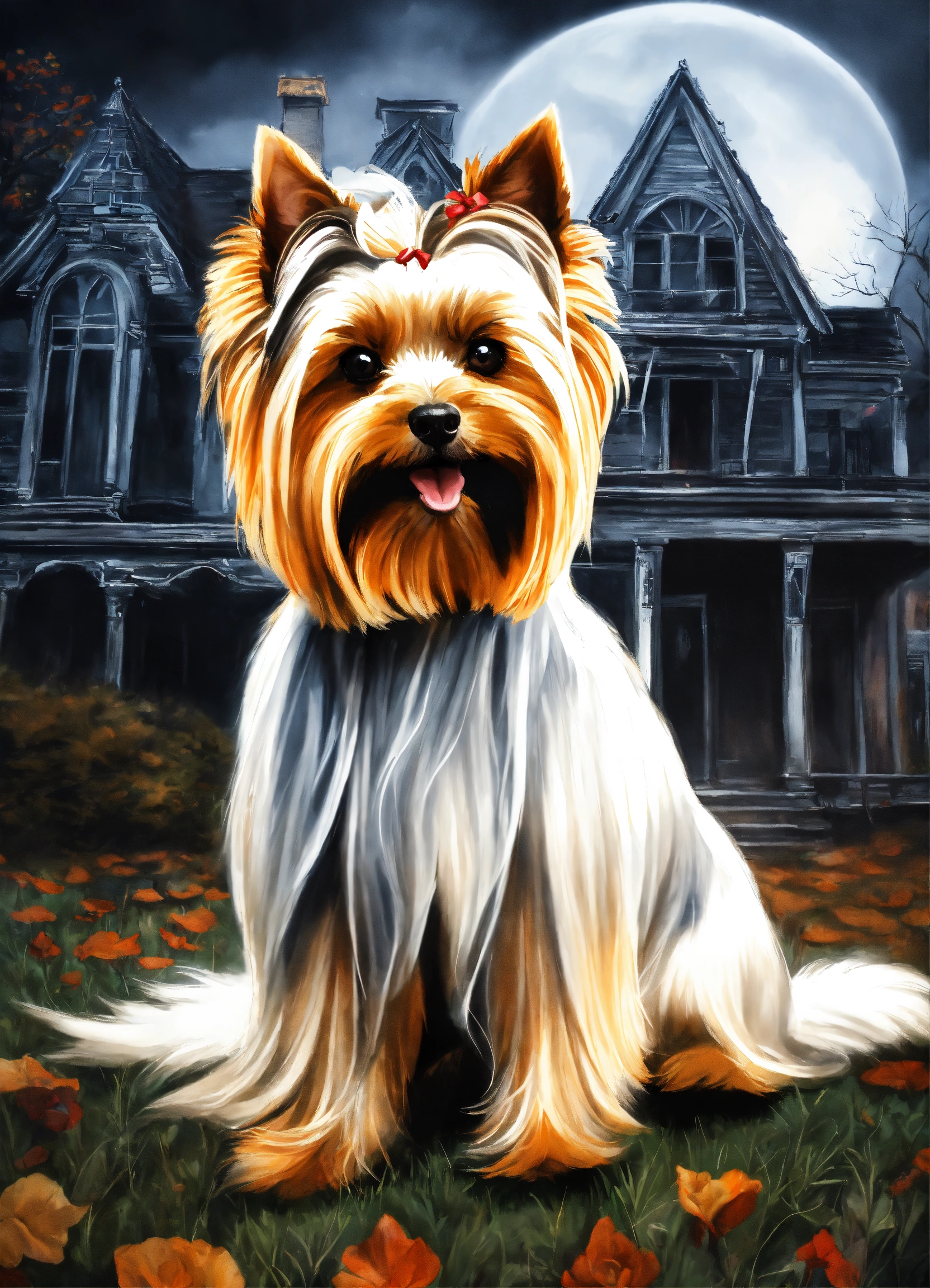 Lexica - Realistic beautiful ghost yorkie in front of a haunted house ...