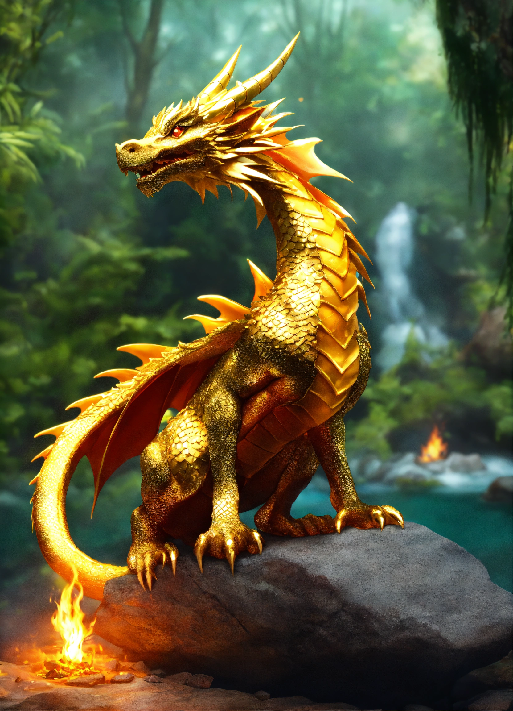 Lexica - Create a cute gold and fire dragon Sitting on a rock in a ...