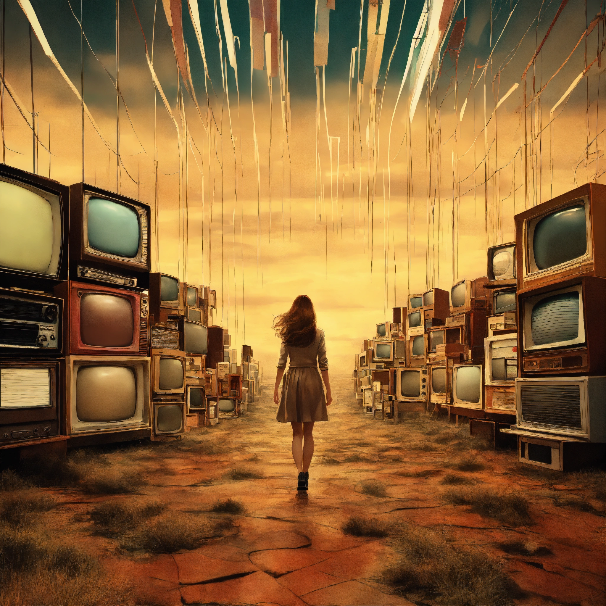 Lexica - Retro TV Static World Place a woman with long brown hair in a ...