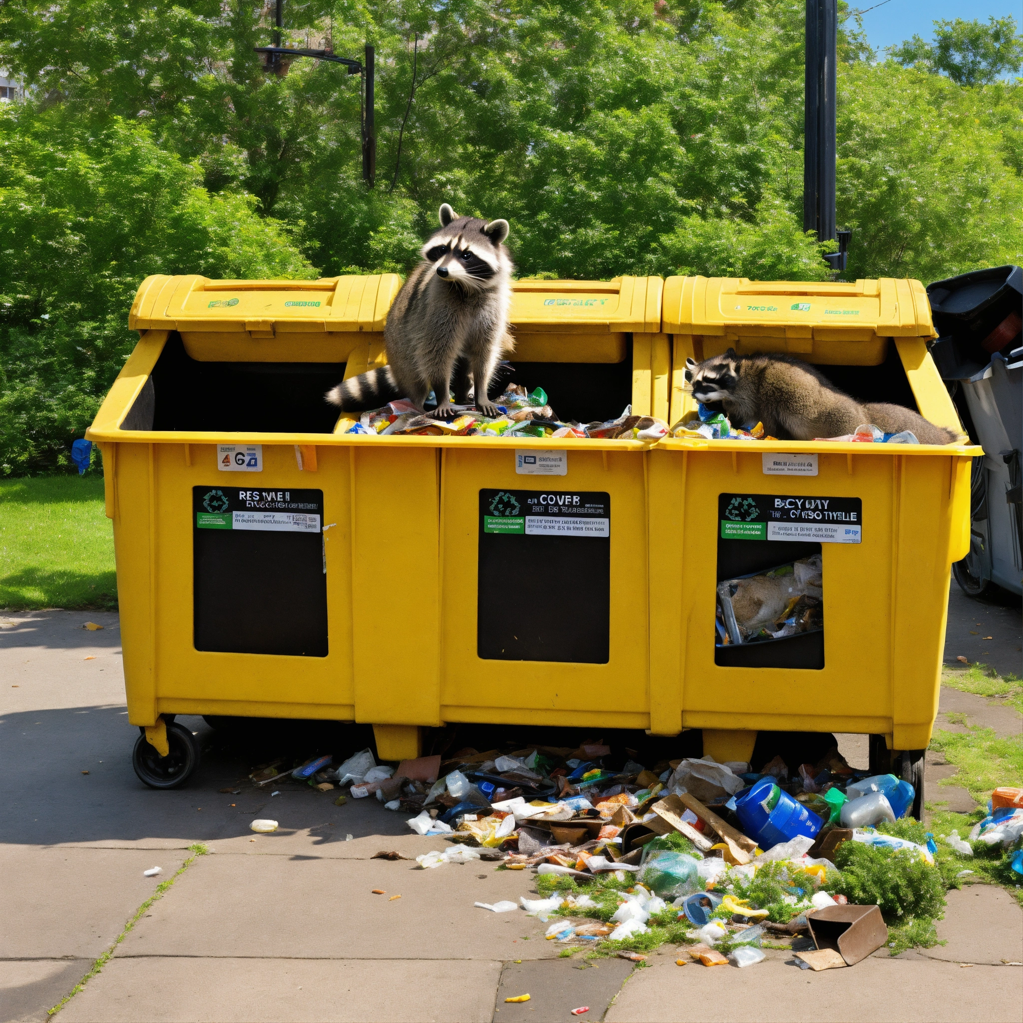Lexica - A photograph of a raccoon digging through recycling bins, surreal