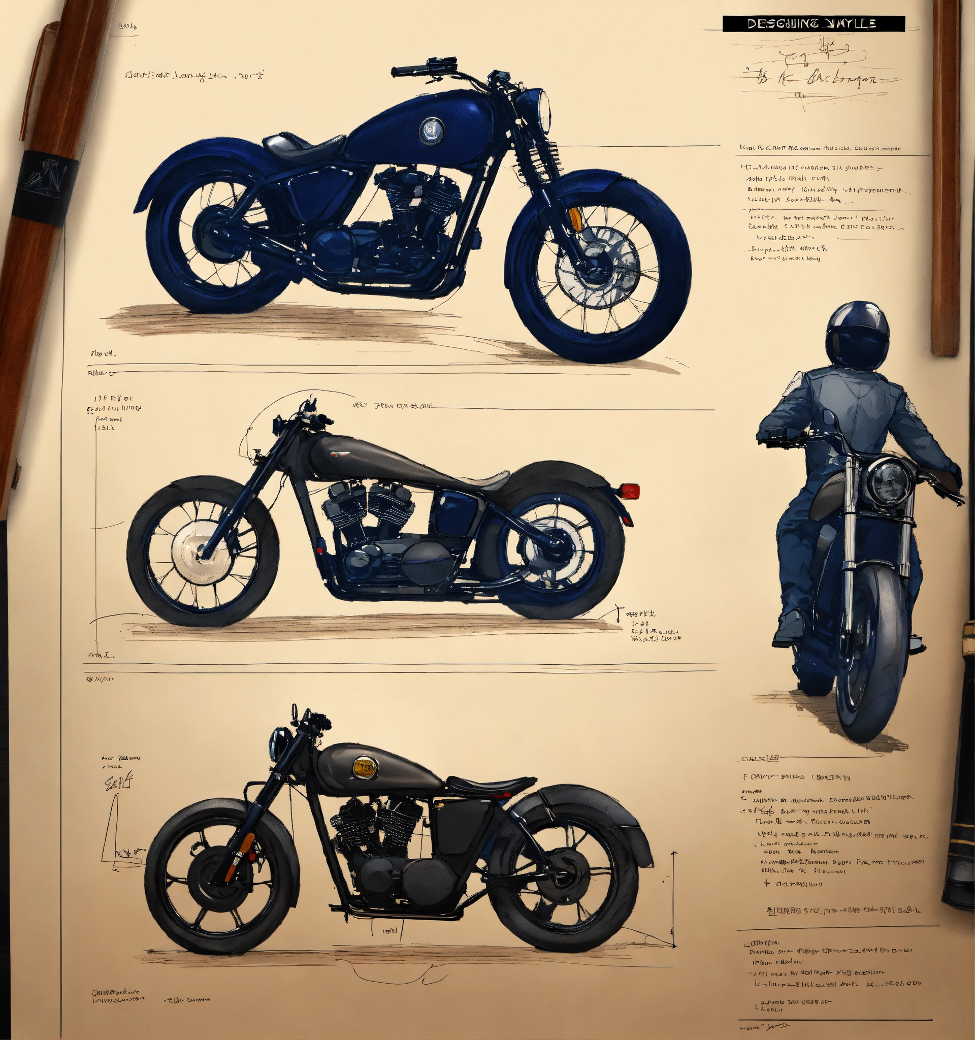 Lexica - Designing motorcycles, ebony hues, designing sheet, sketch out ...