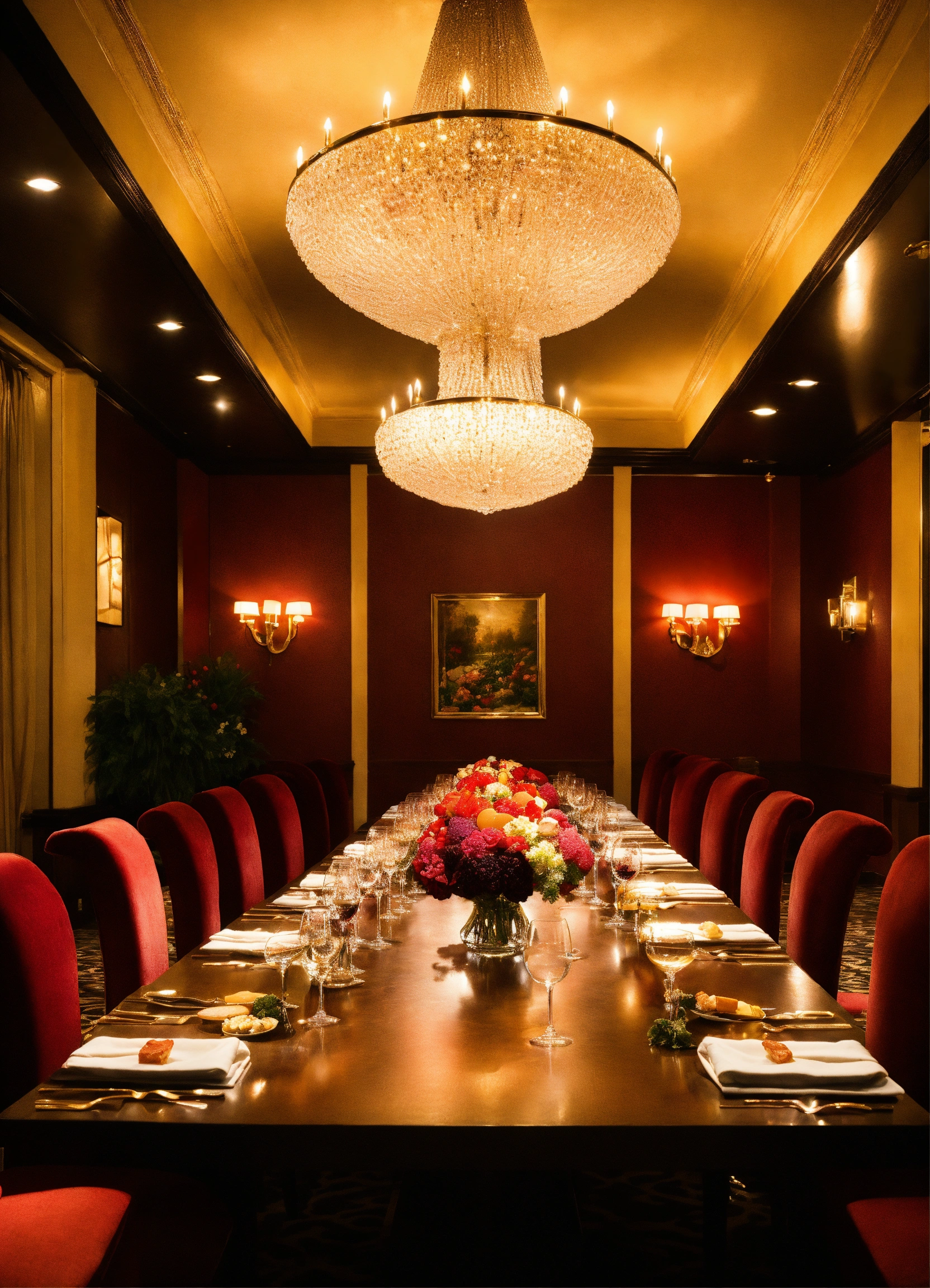 Lexica - Modern upscale hotel, private dining hall, long table, gold ...