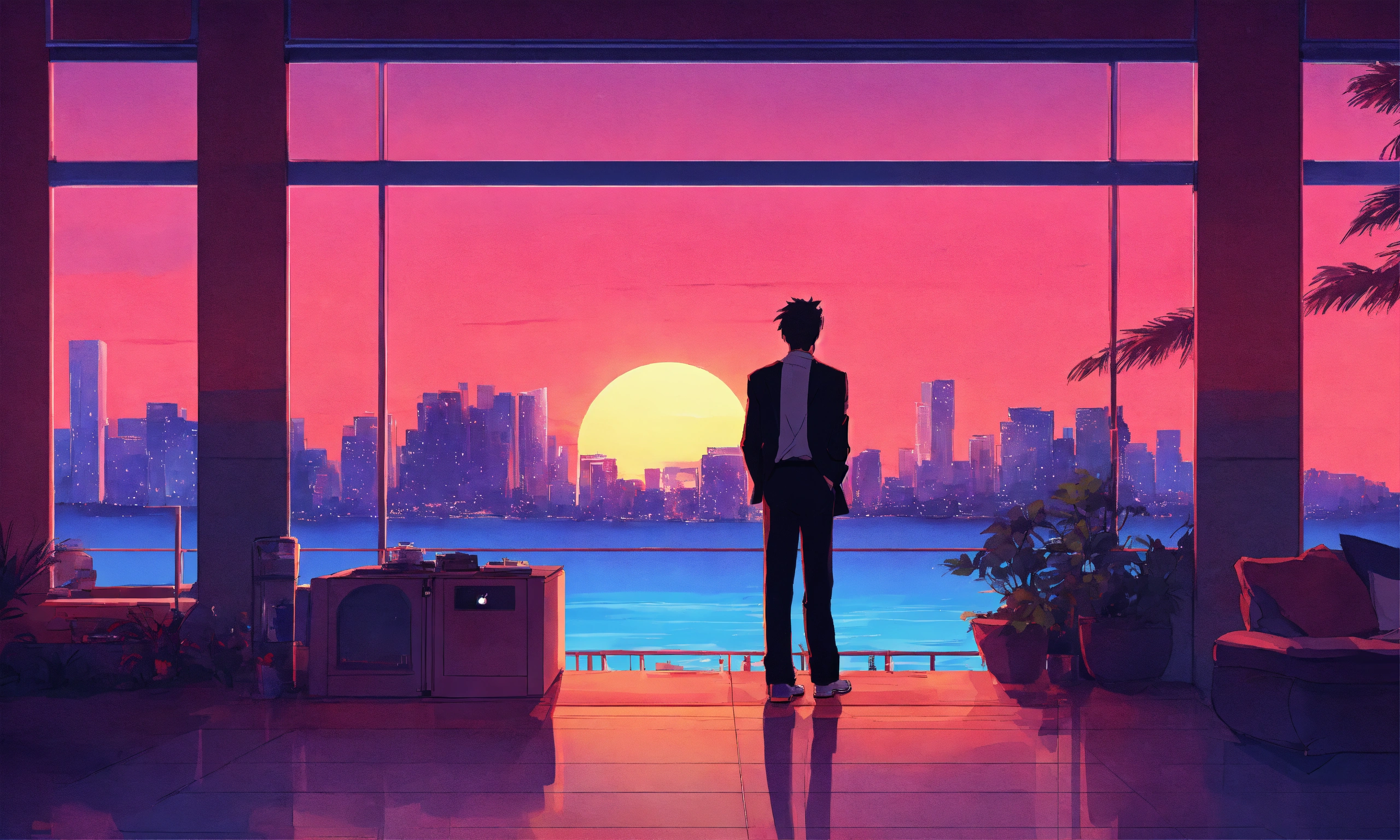 Lexica - Anime miami vice, lofi, sunset skyline, 2d, studio ghibli ...
