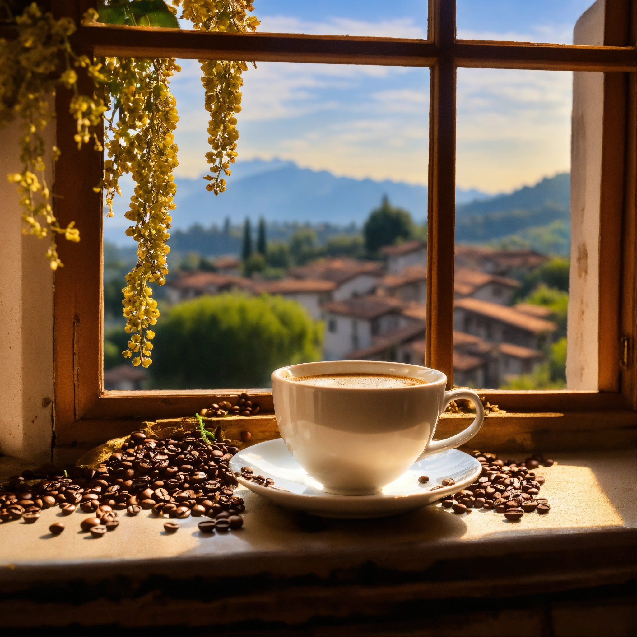 Lexica - A morning scene, a white ceramic coffee cup with gold embossed ...