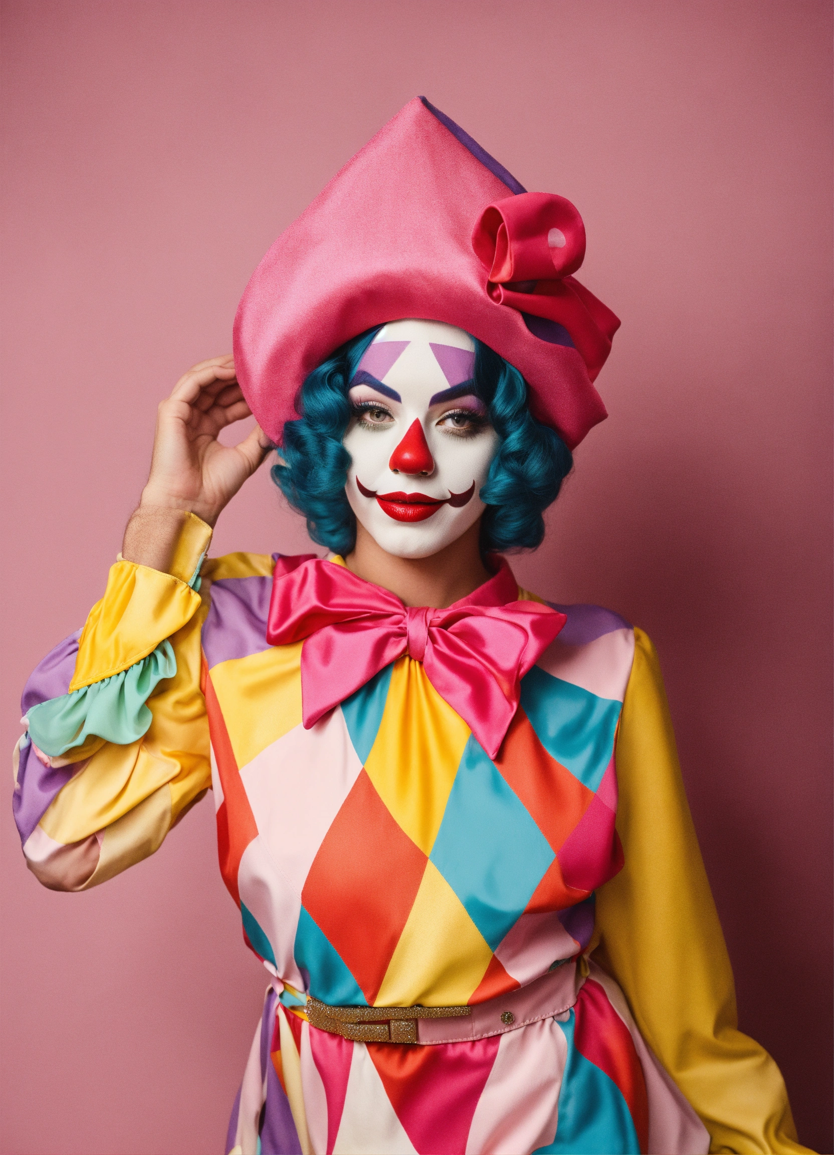 Lexica - Pink colorful vintage harlequin clown with diamond pattern jumpsuit dancing