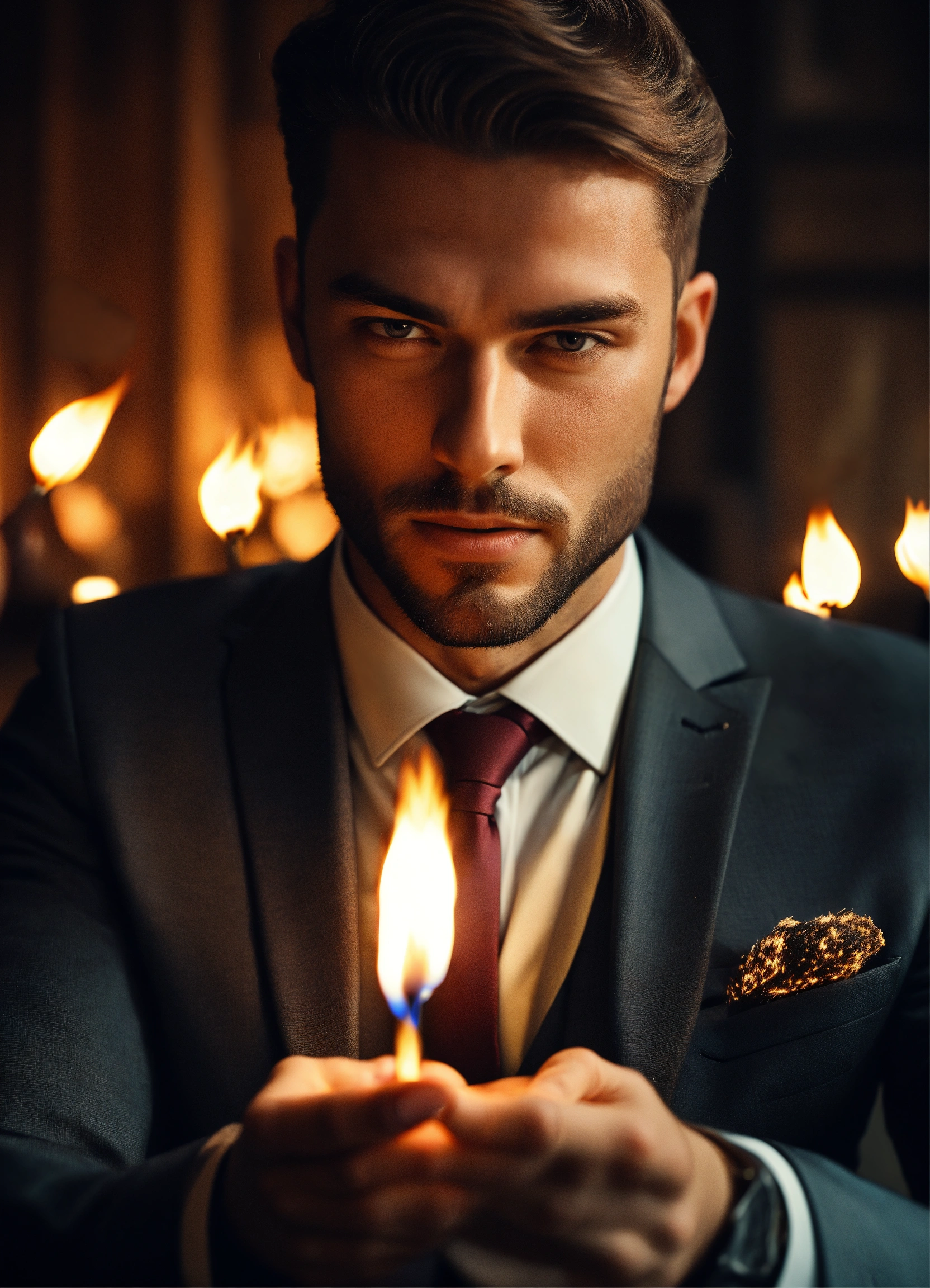 Lexica - A handsome man in a suit holds a lit match in his hands, clear ...