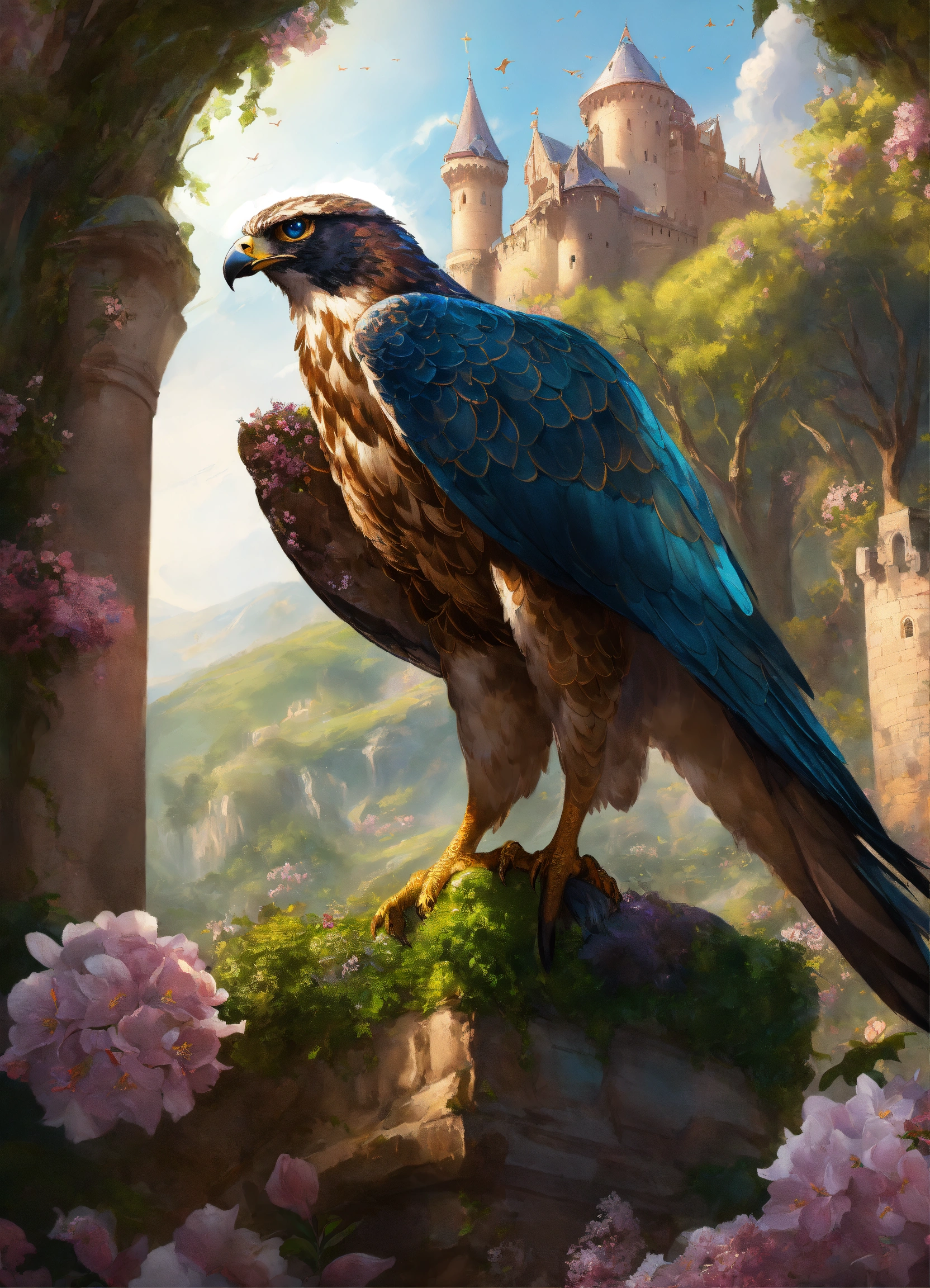 Lexica - Big animal falcon, wears magical armor, flying around castle ...