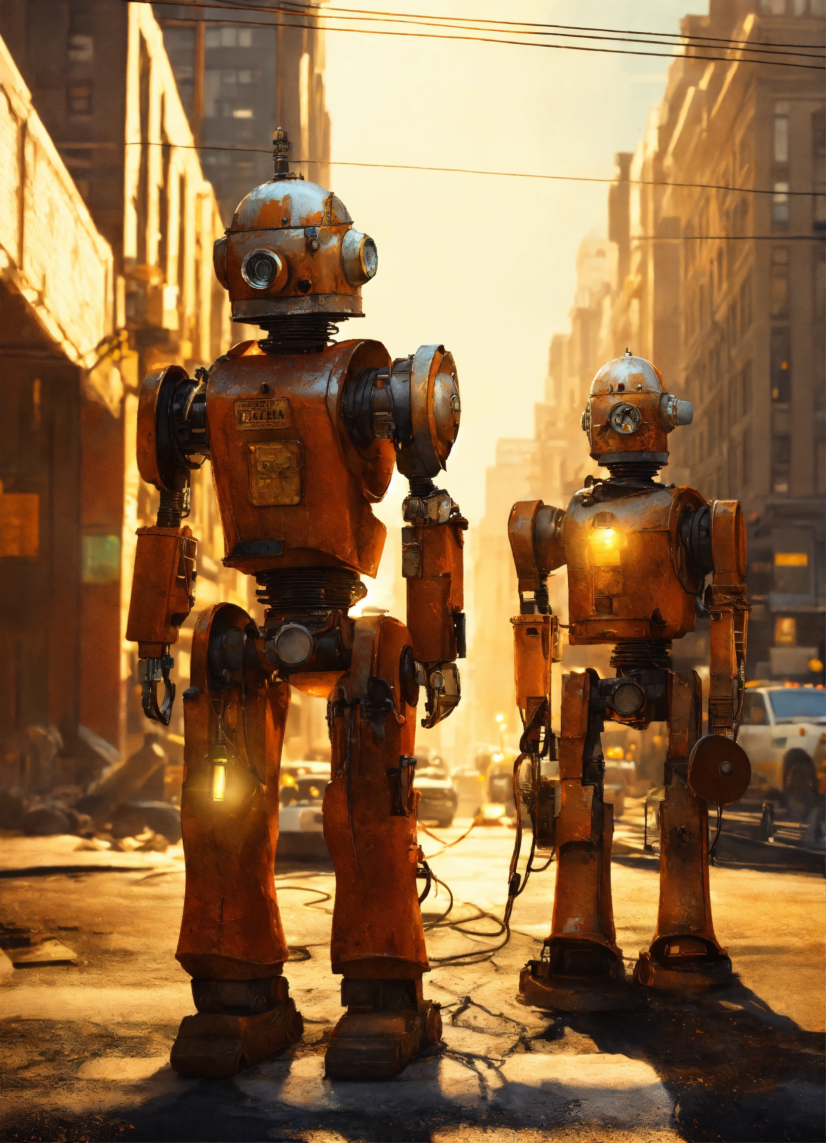 Lexica - 2 rusty semi - broken robots, roadworkers in a busy street, mine worker helmet with a ...