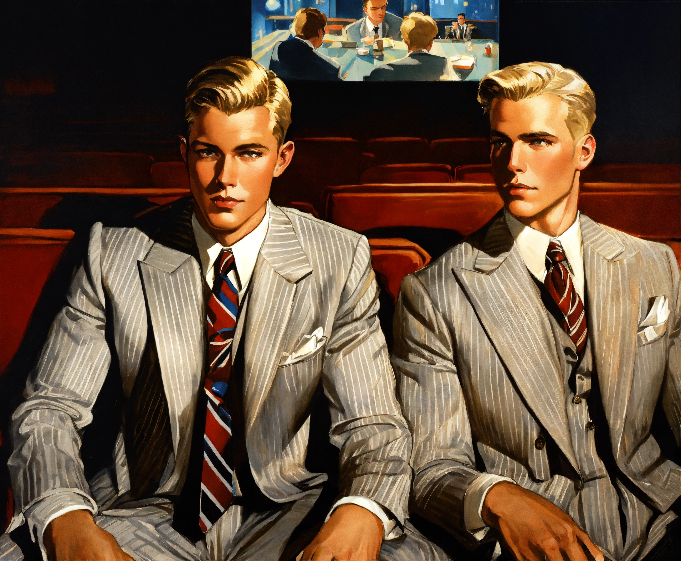 Lexica - Two blonde businessmen in light grey pinstripe suit, club tie ...