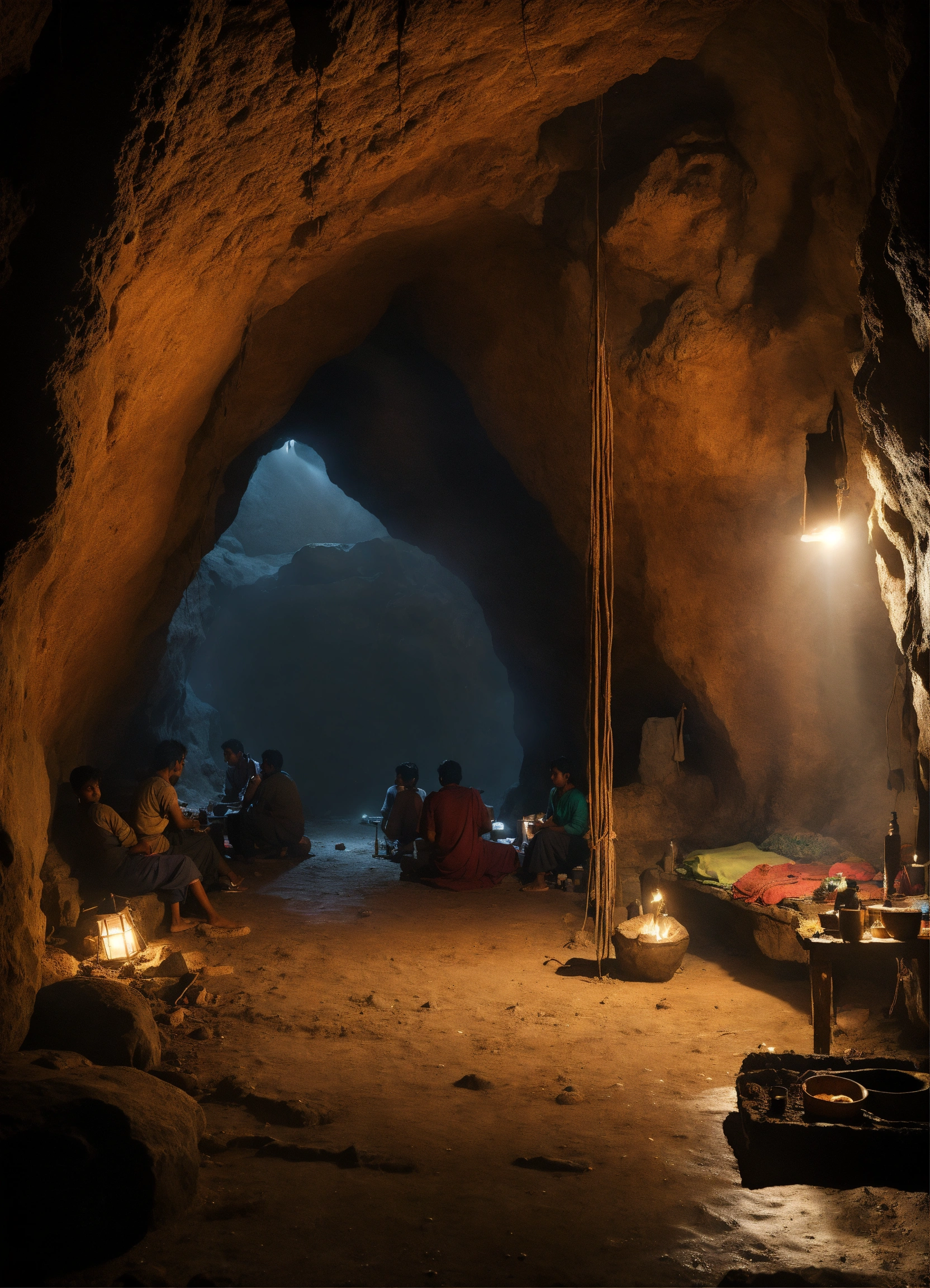 Lexica - A shanti refugee camp inside a dark cave. Dark, depressing ...