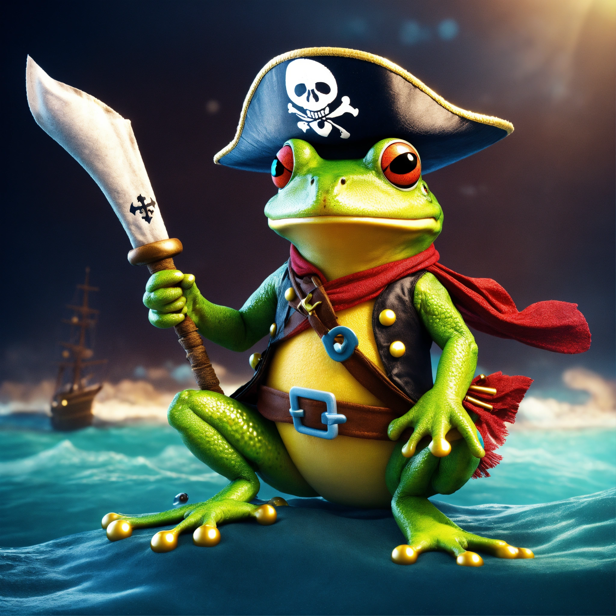 Lexica - Pirate frog, wearing a pirate hat, holding a pirate flag ...