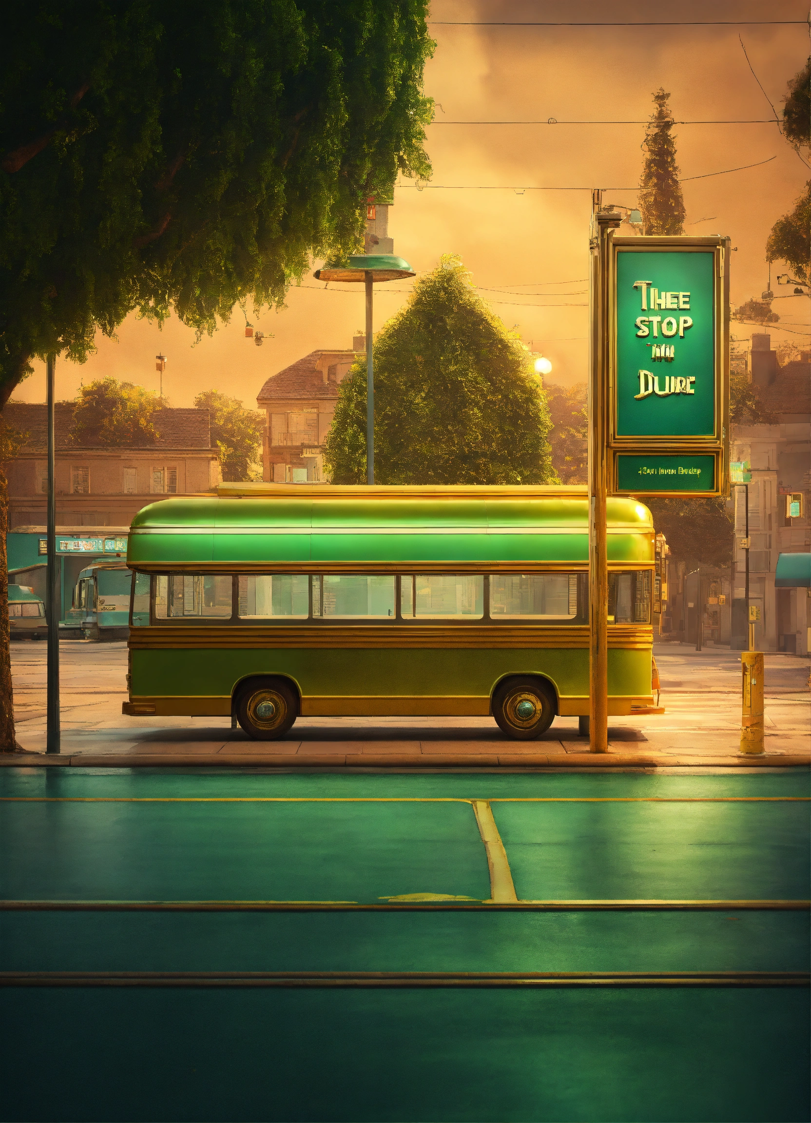 Lexica - Retro bus stop in the town, green colors, gold elements ...