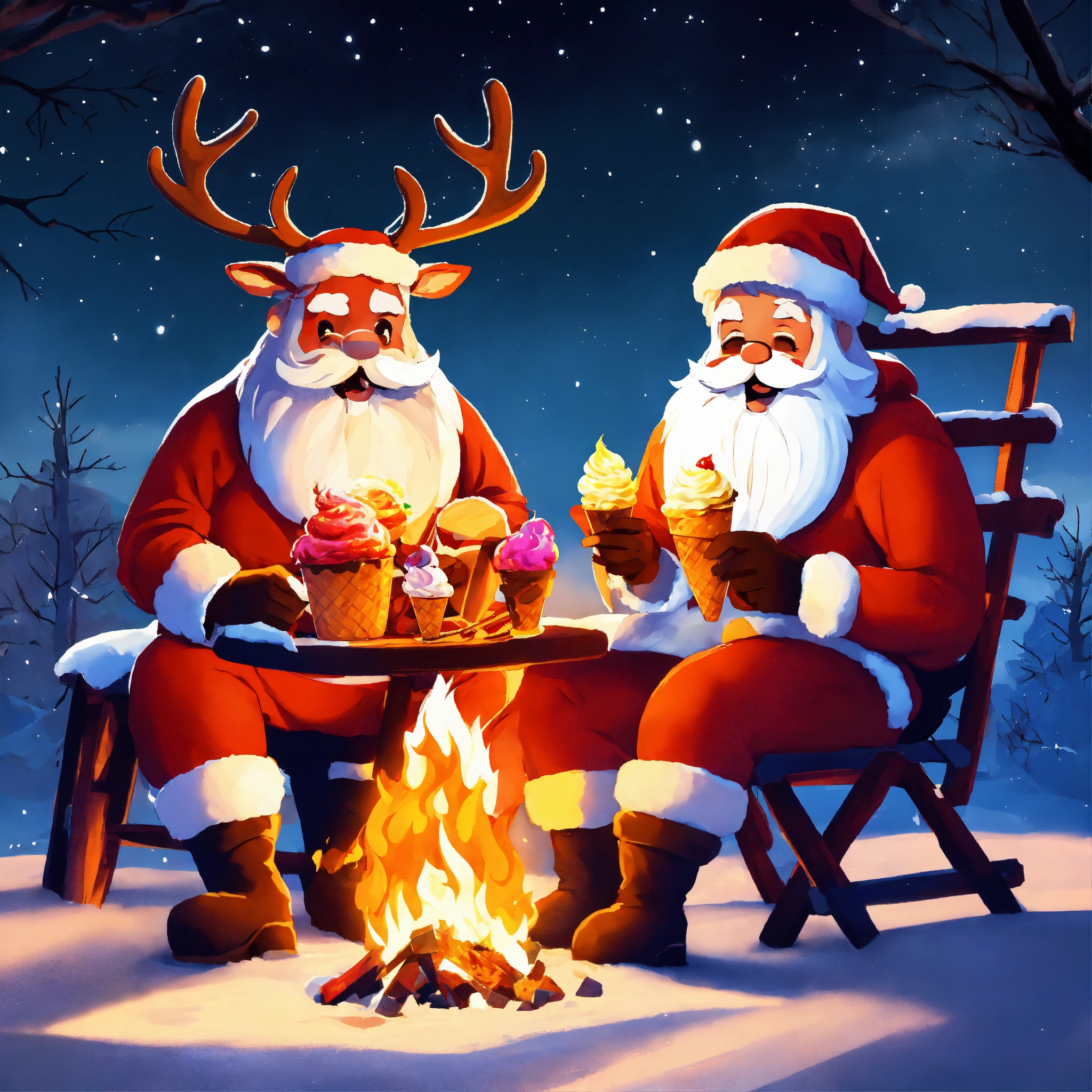 Lexica - Santa claus and rudolph eating a icecream around a bonfire ...