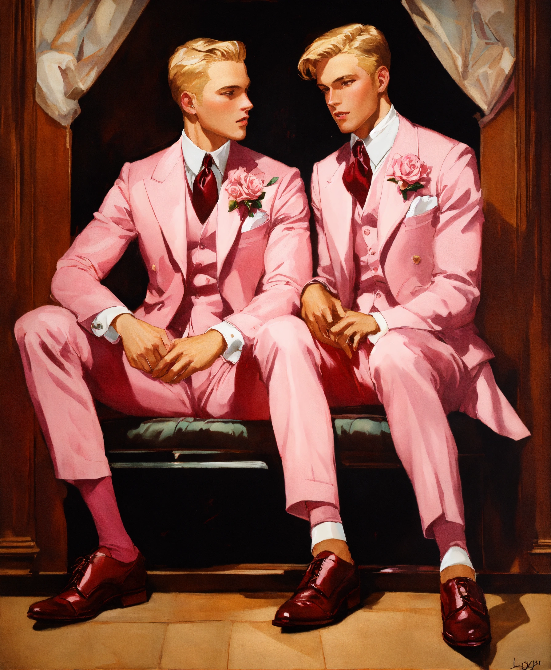 Lexica - Two blonde male gentlemen in pink vested suit and burgundy tie ...