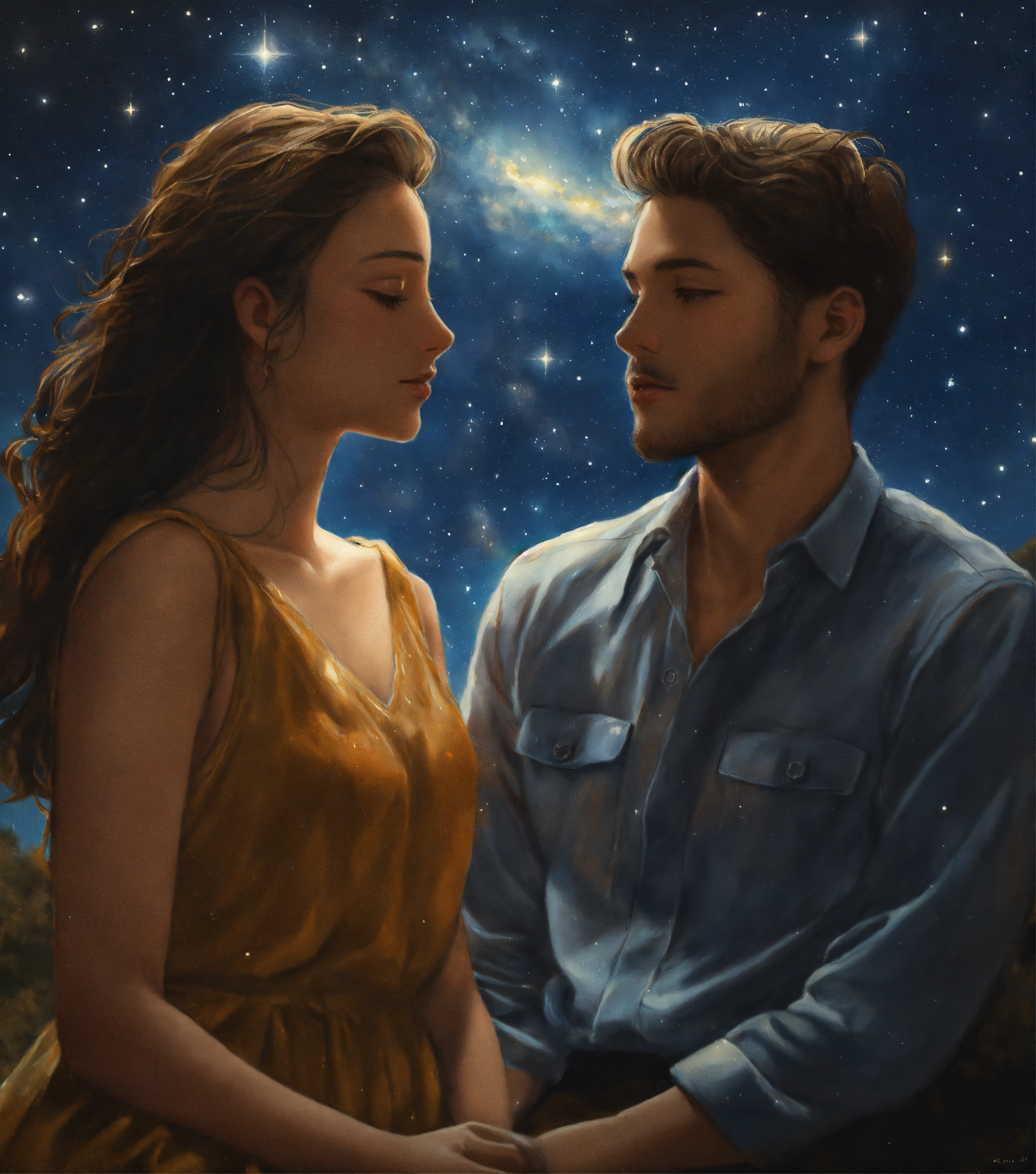 Lexica - Realistic drawing, three lovers, in the background stellar sky