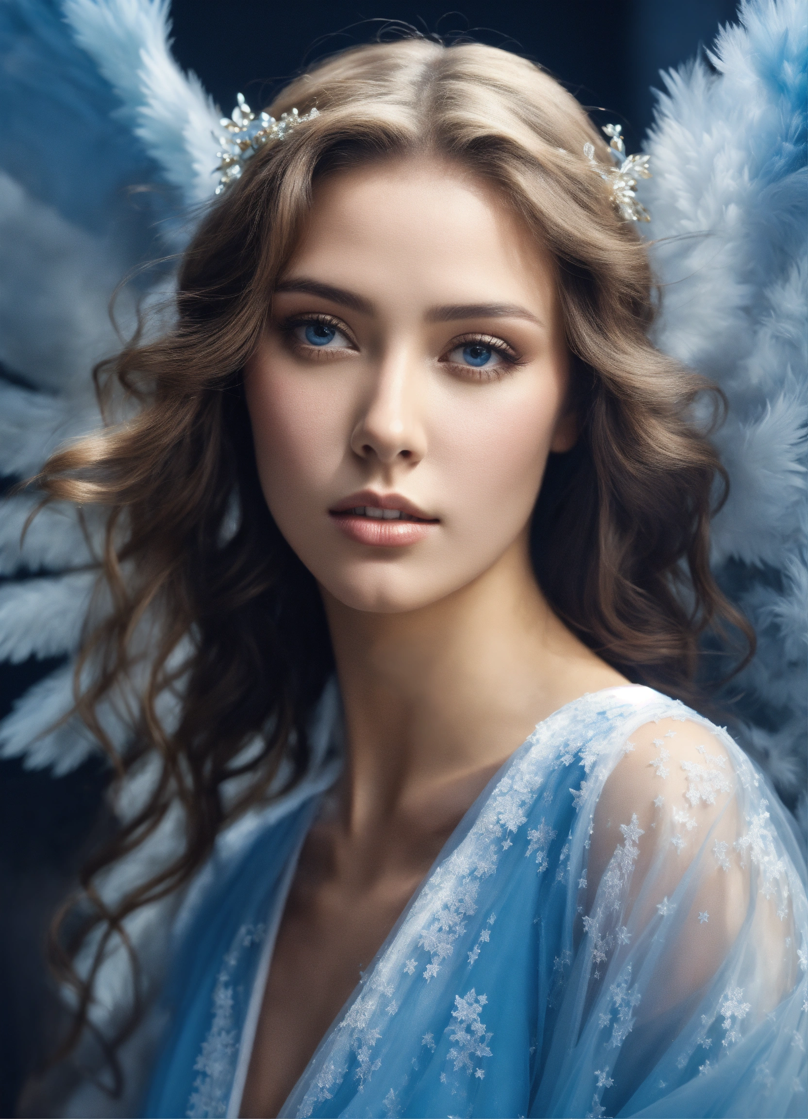 Lexica - Angel look like woman but realistick in white and blue colours ...