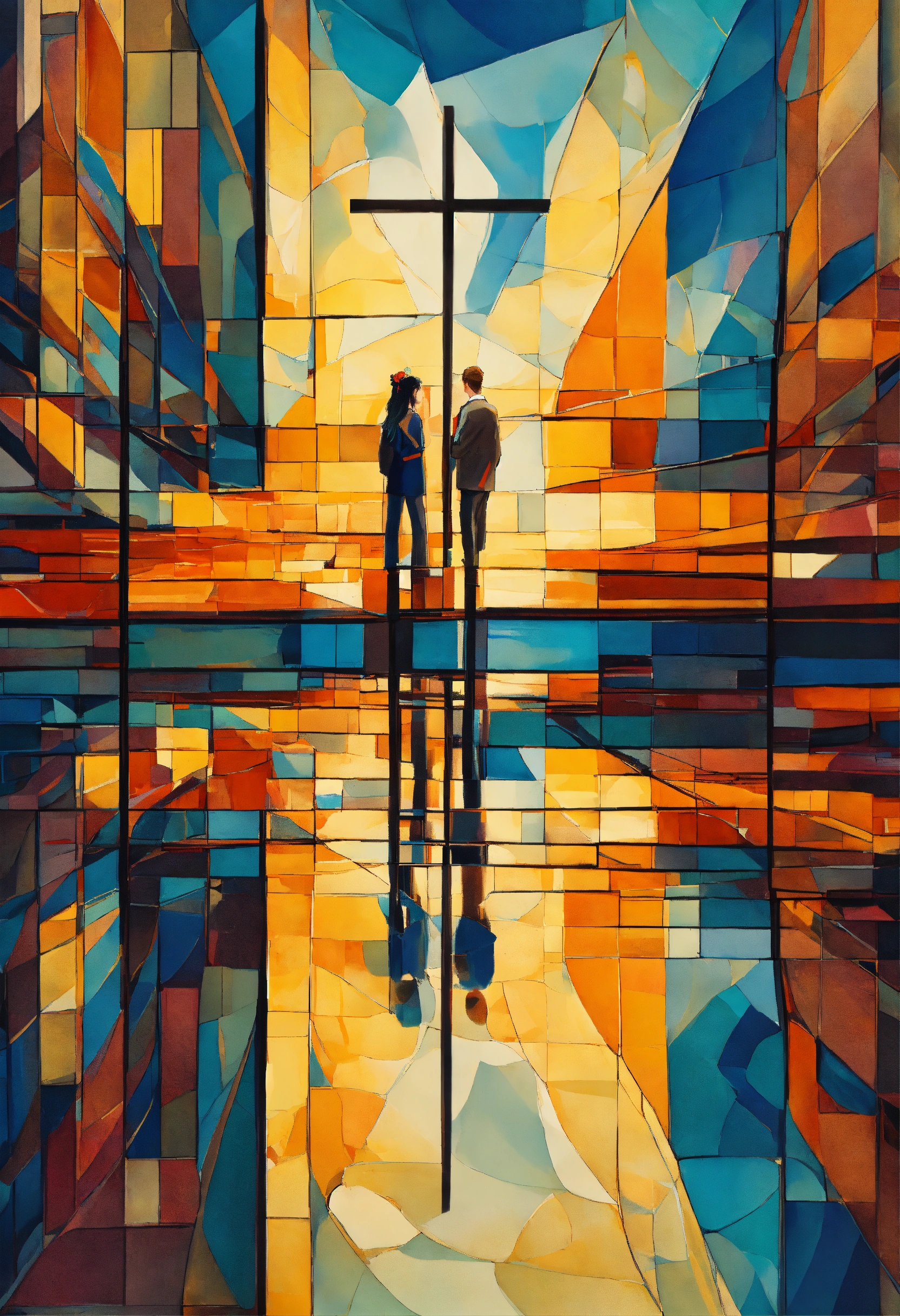 Lexica - Abstract art, two people meeting in a cross road, reflect of a ...