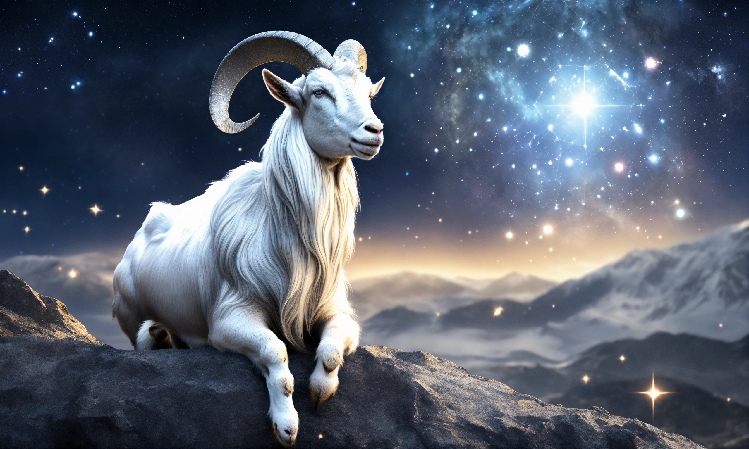 Lexica - Silver goat, zodiac sign, white, silver, universe background ...