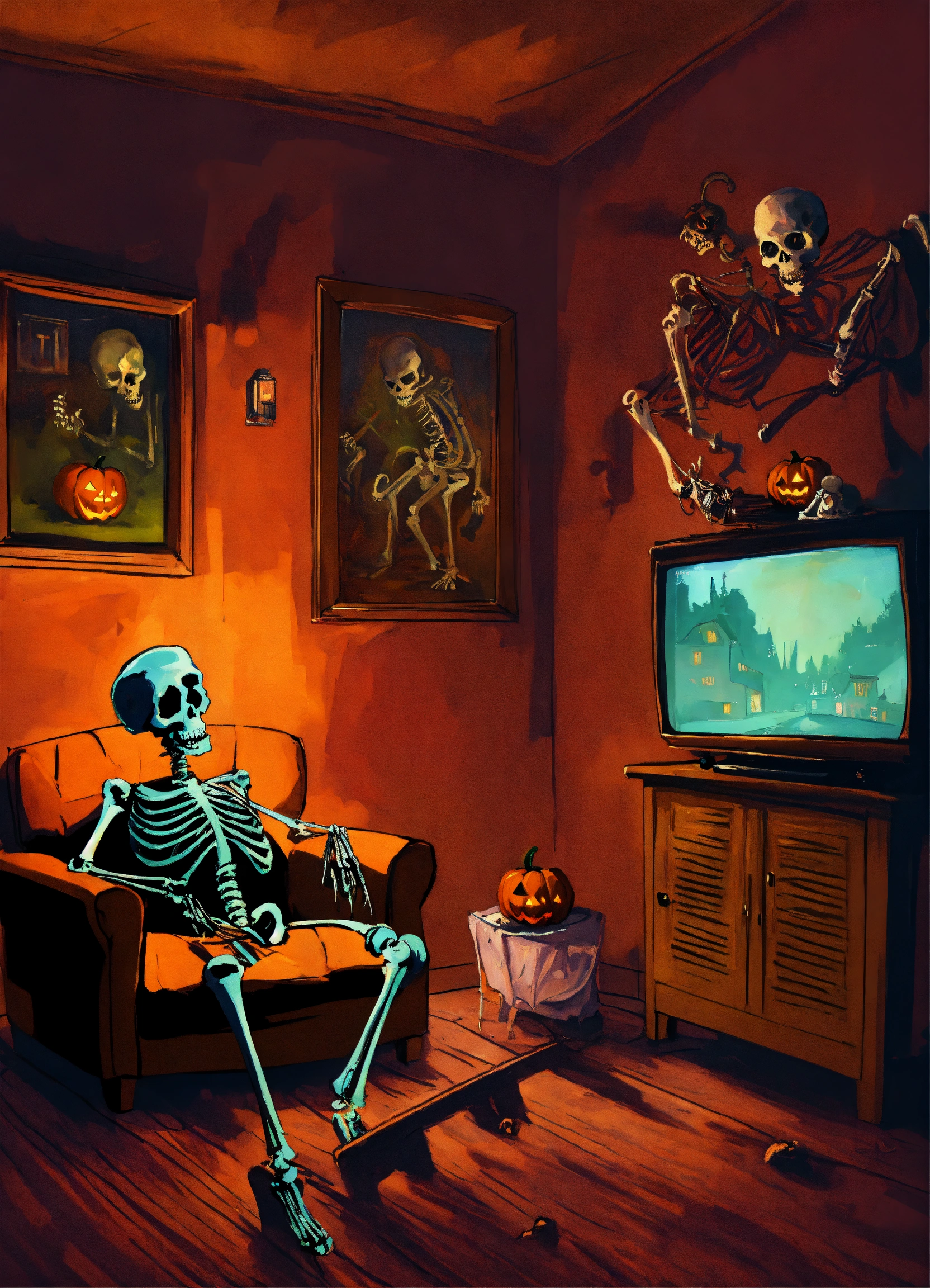 Lexica - A painting of a lazy skeleton and monster watching television ...