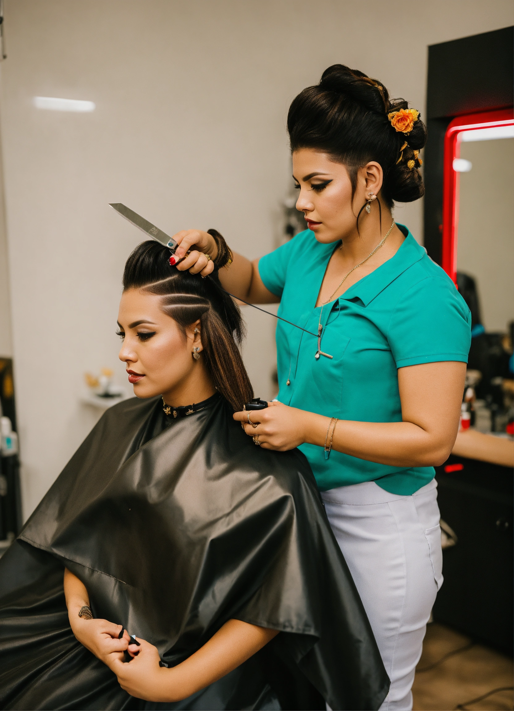 Lexica - A female stylist dressed as a chola or pachuca, cutting a ...