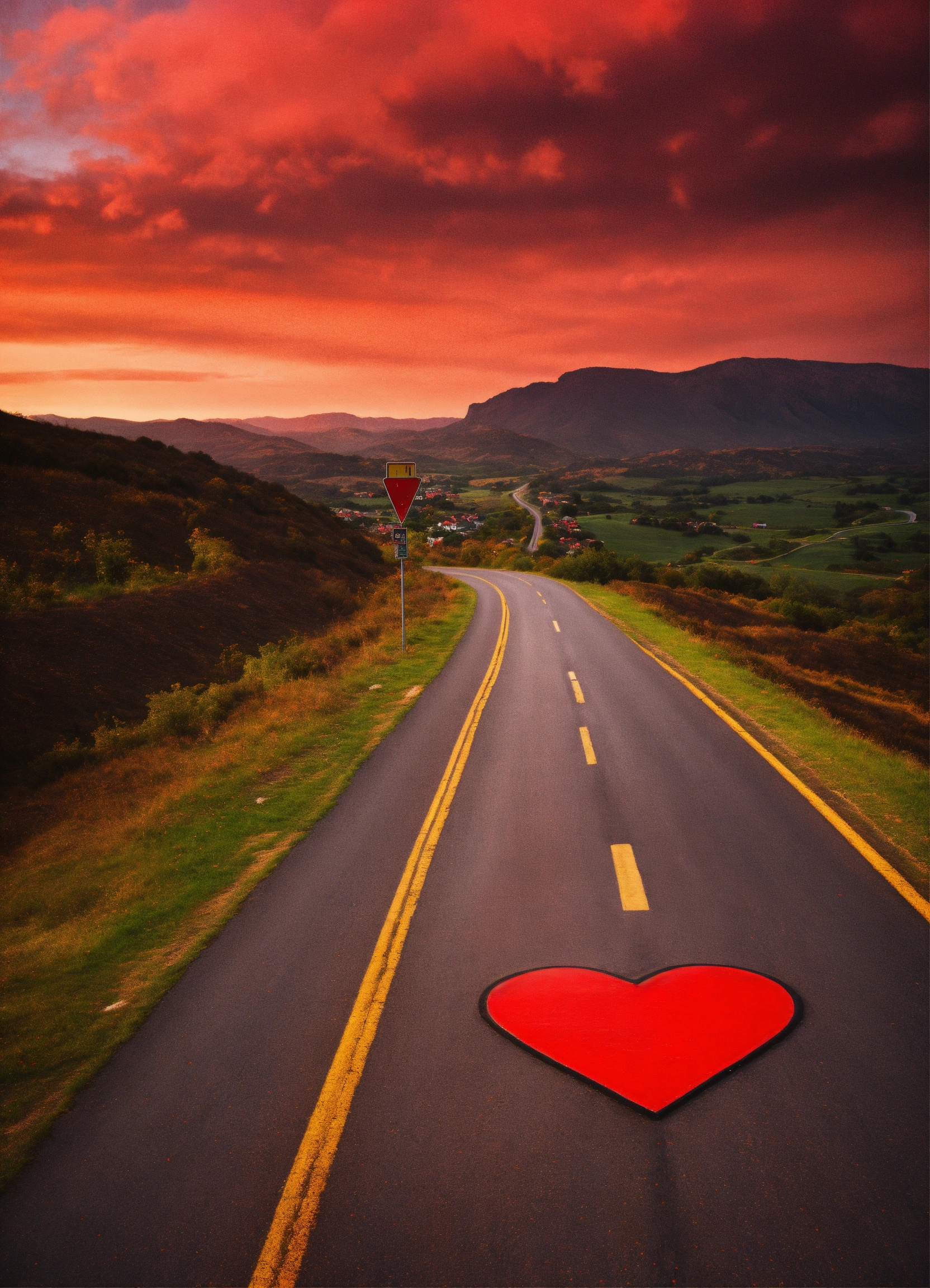 Lexica - Heart-shaped road sign in red, black, gold tones