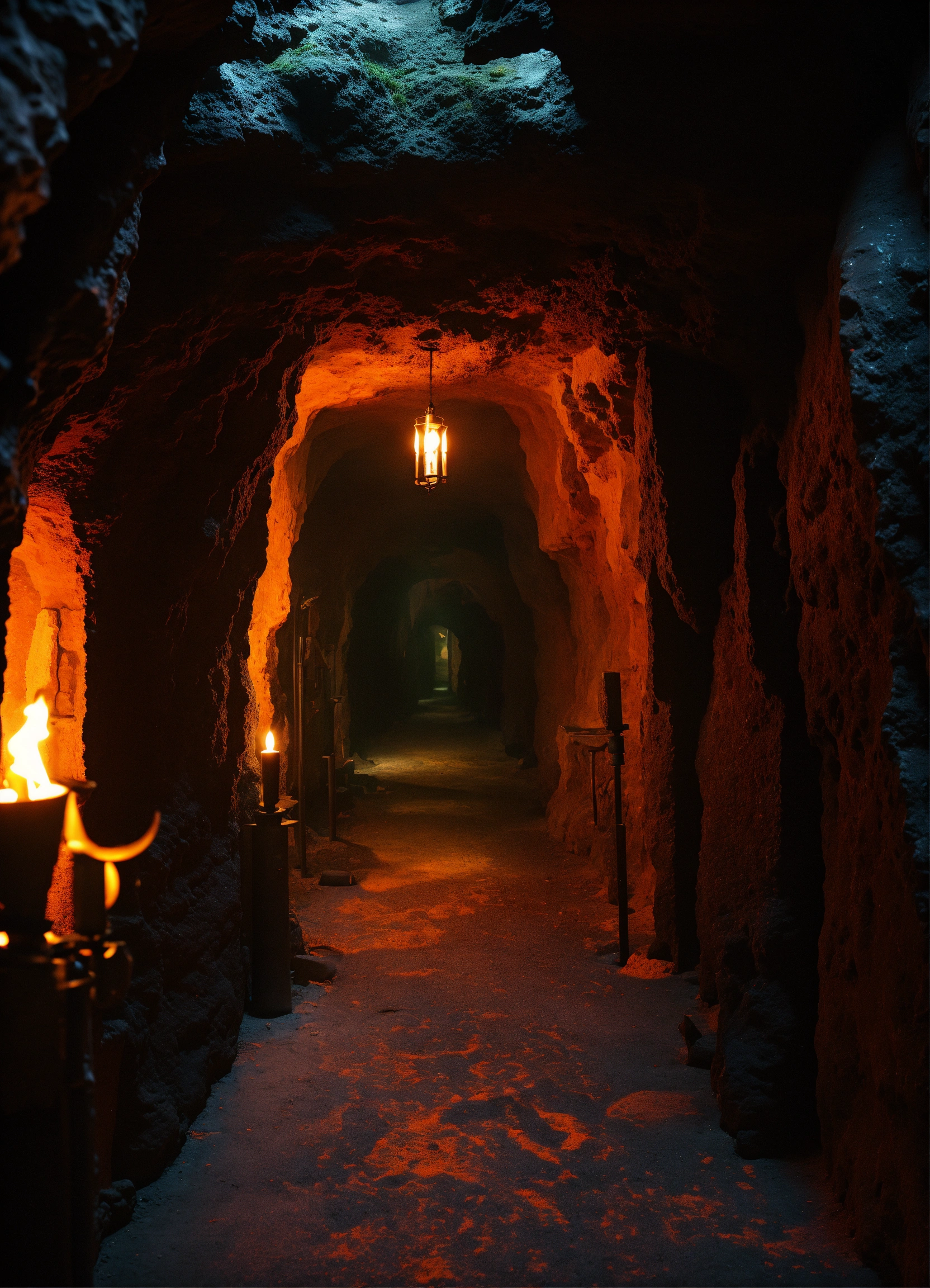 Lexica - Very Dark Cave Hallway, dark orange torches