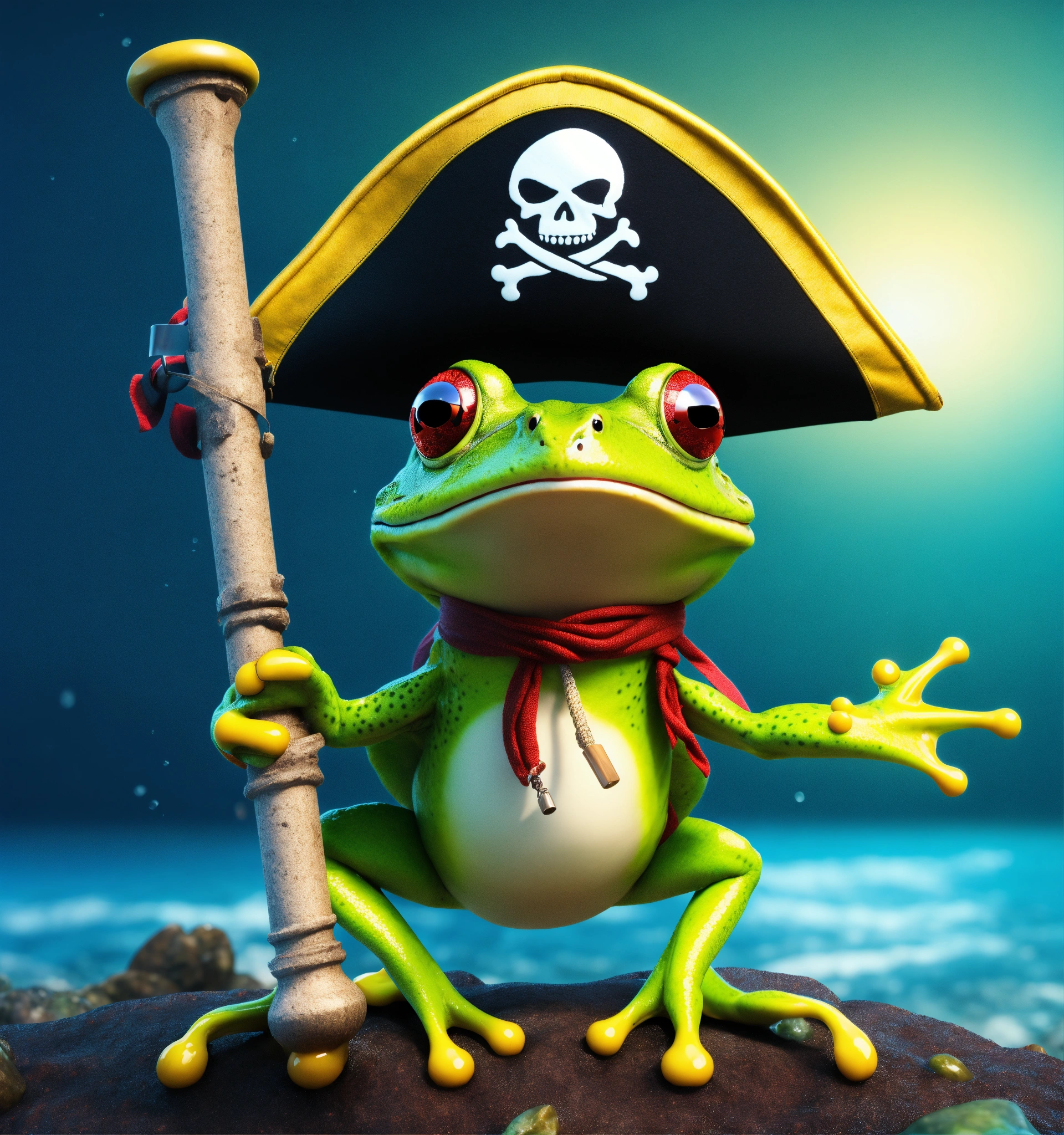 Lexica - Pirate frog, wearing a pirate hat, holding a pirate flag ...