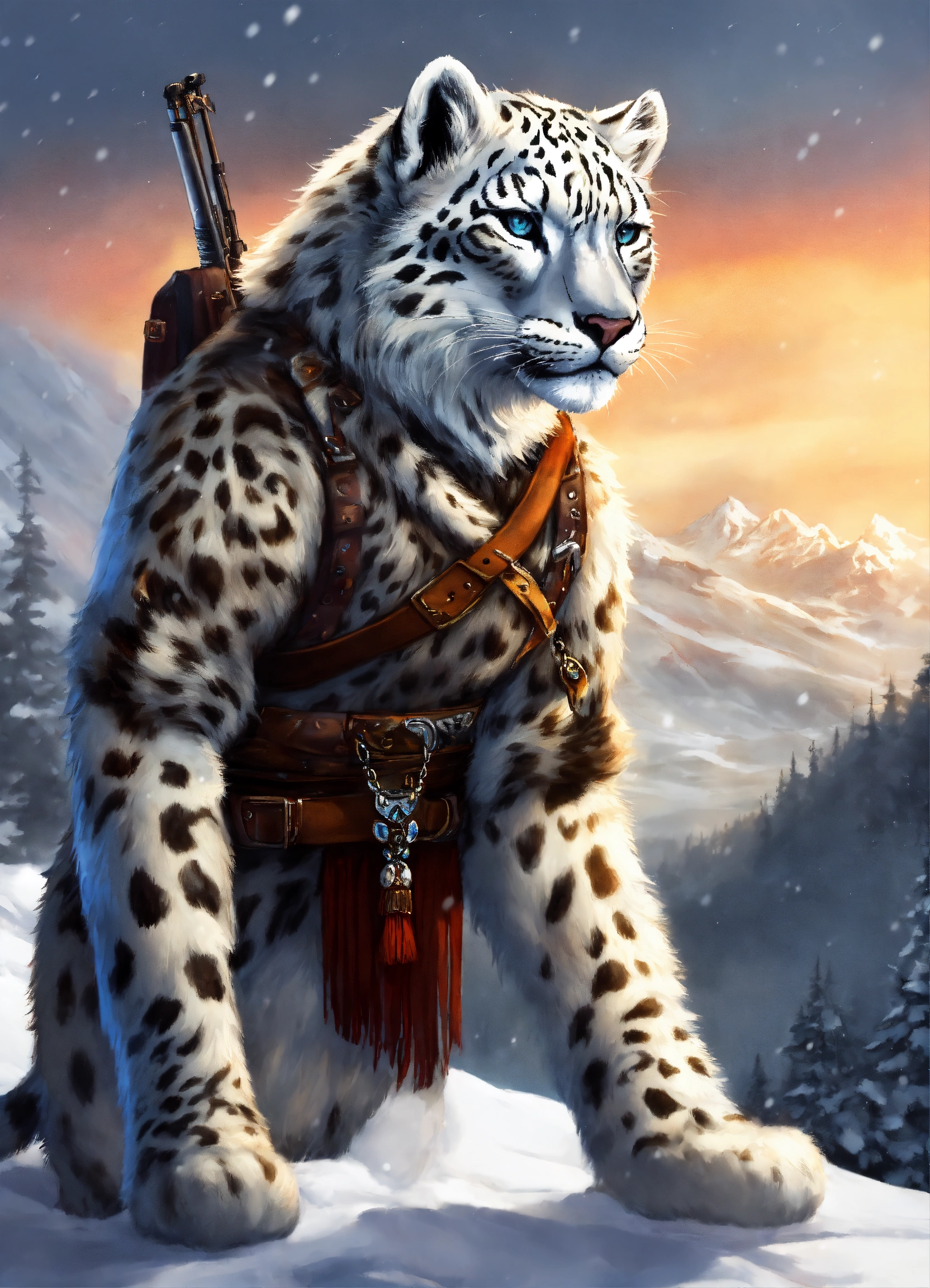 Lexica - Anthropomorphic snow leopard assassin, tundra background ...
