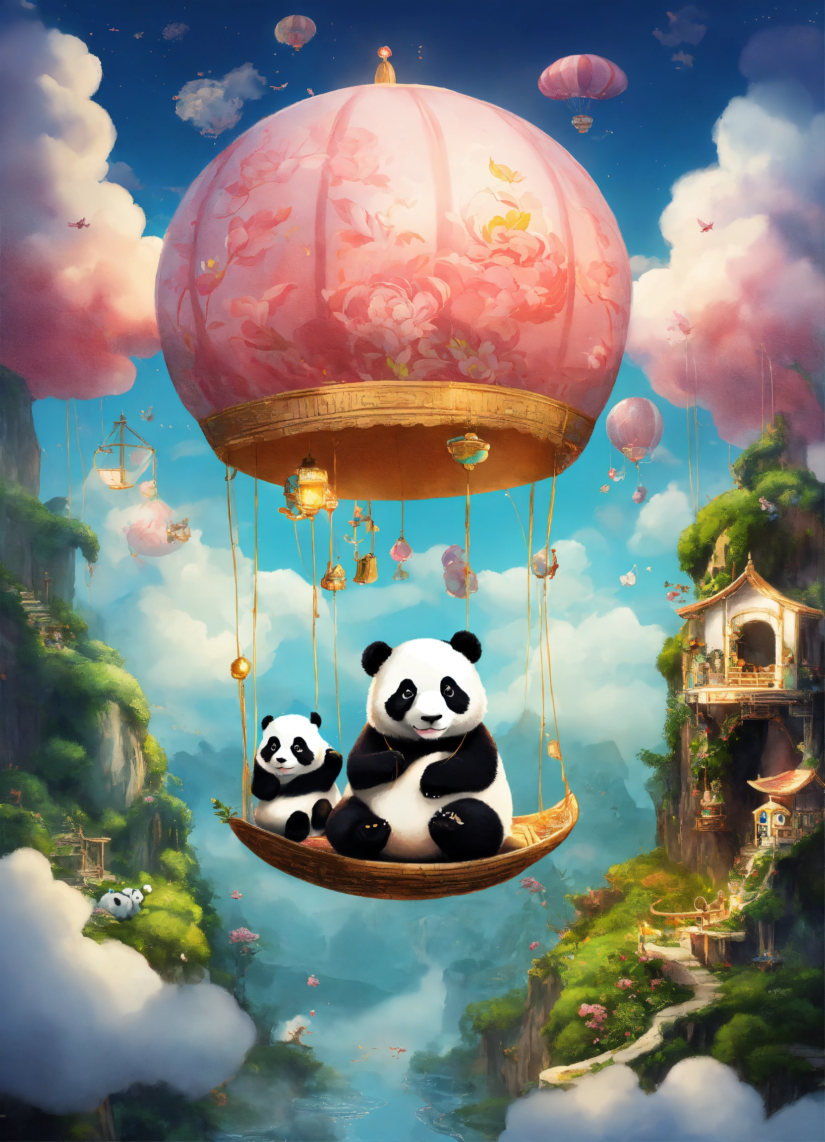 Lexica - Take a journey into a whimsical dreamland where pandas float ...
