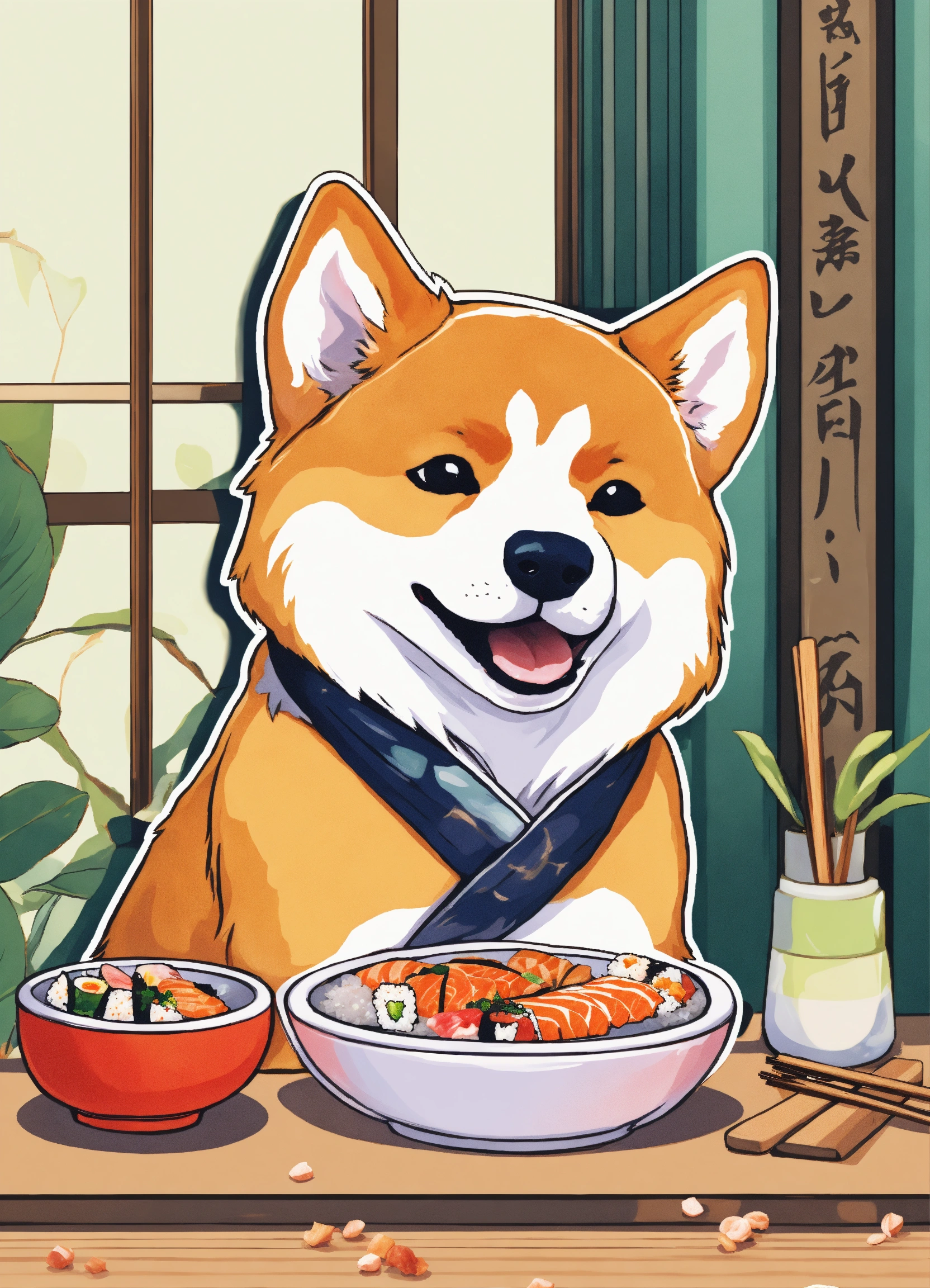 Lexica - Beautiful sticker illustration of an adorable shiba inu eating ...