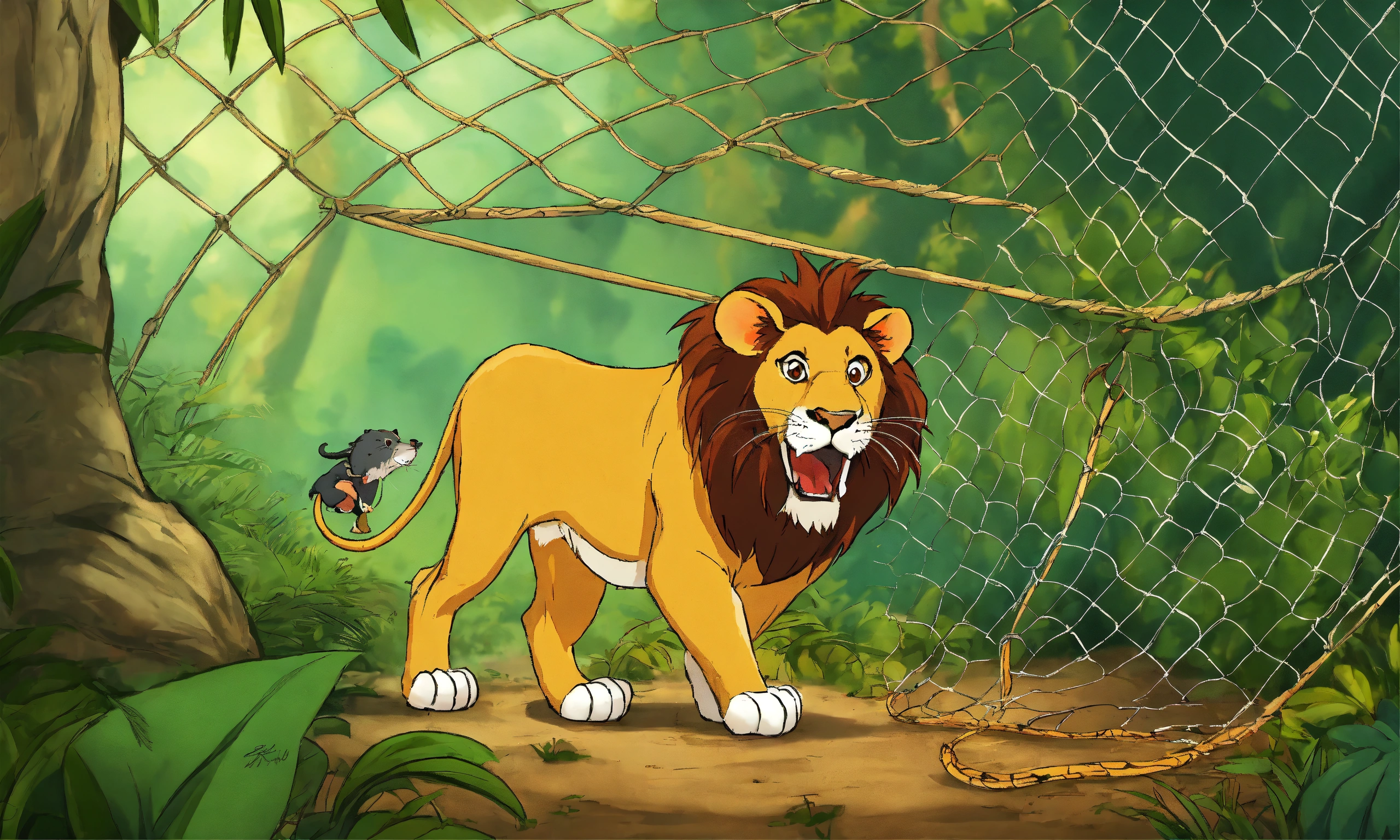 Lexica - Cartoon in jungle when lion trapped, with mouse sharp teeth ...