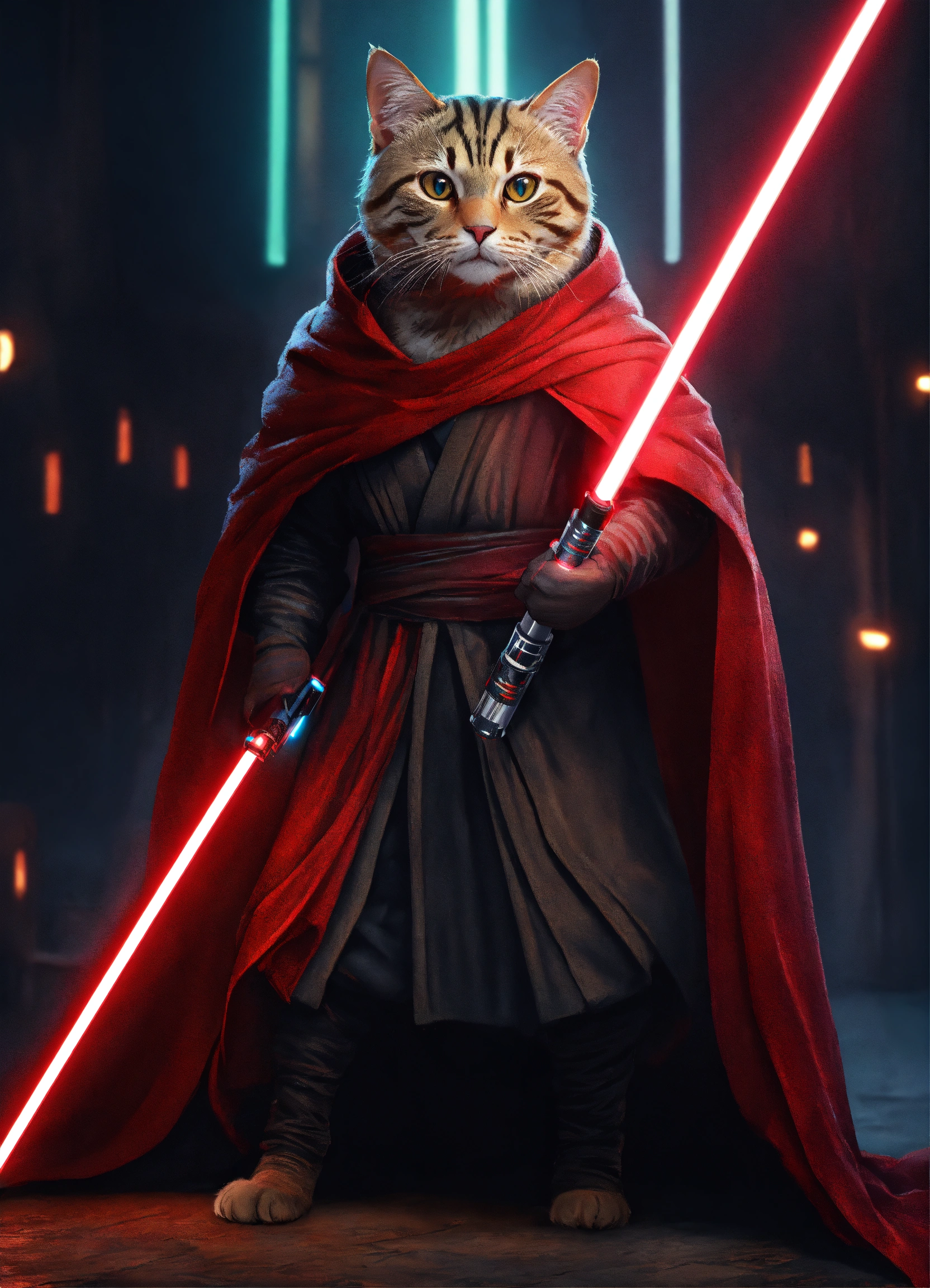 Lexica - Anthropomorphic cat in a Sith robe and with a red lightsaber in their paw, highly ...