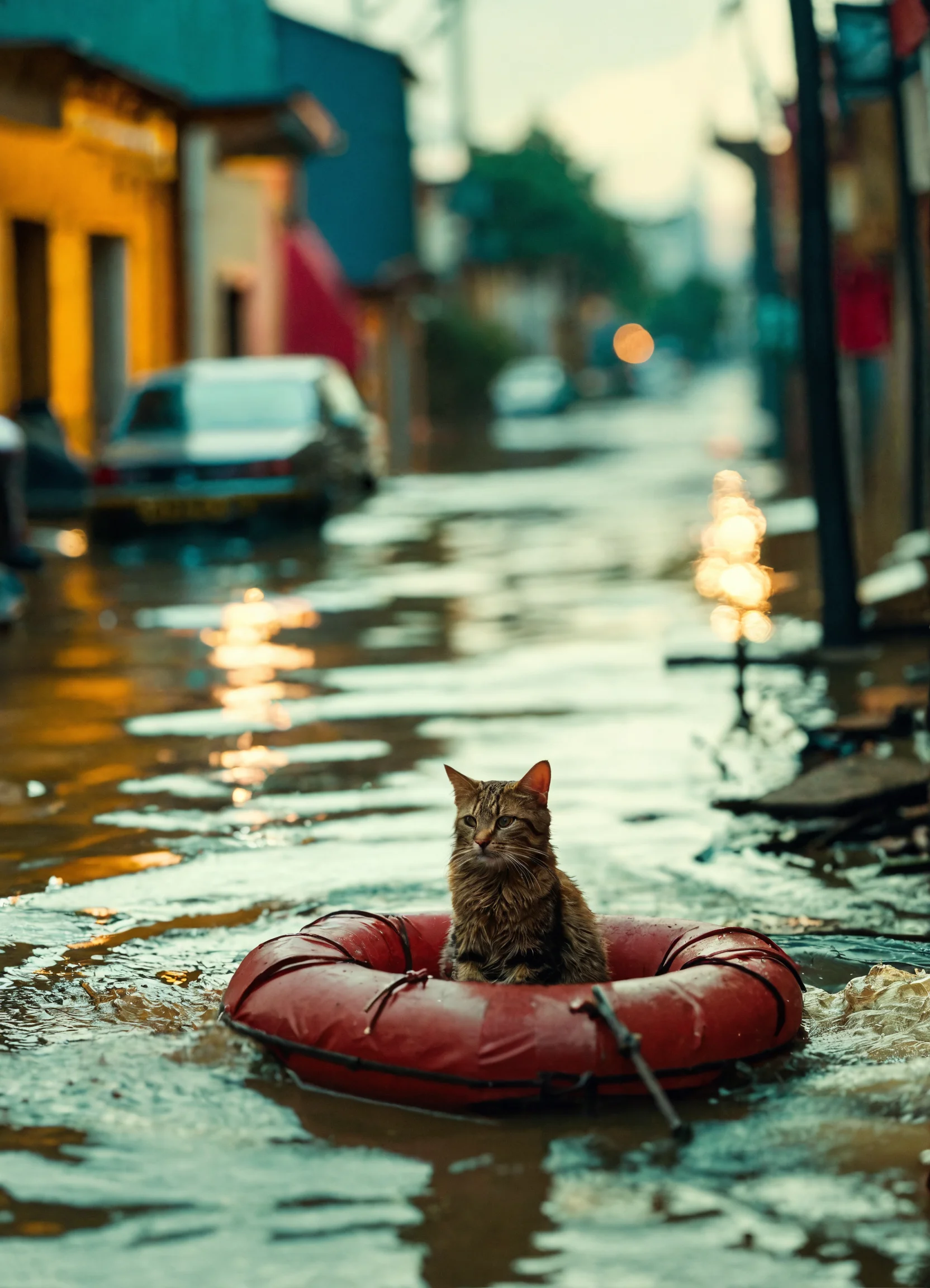 Lexica - A cat floats on a raft along the street of a flooded city