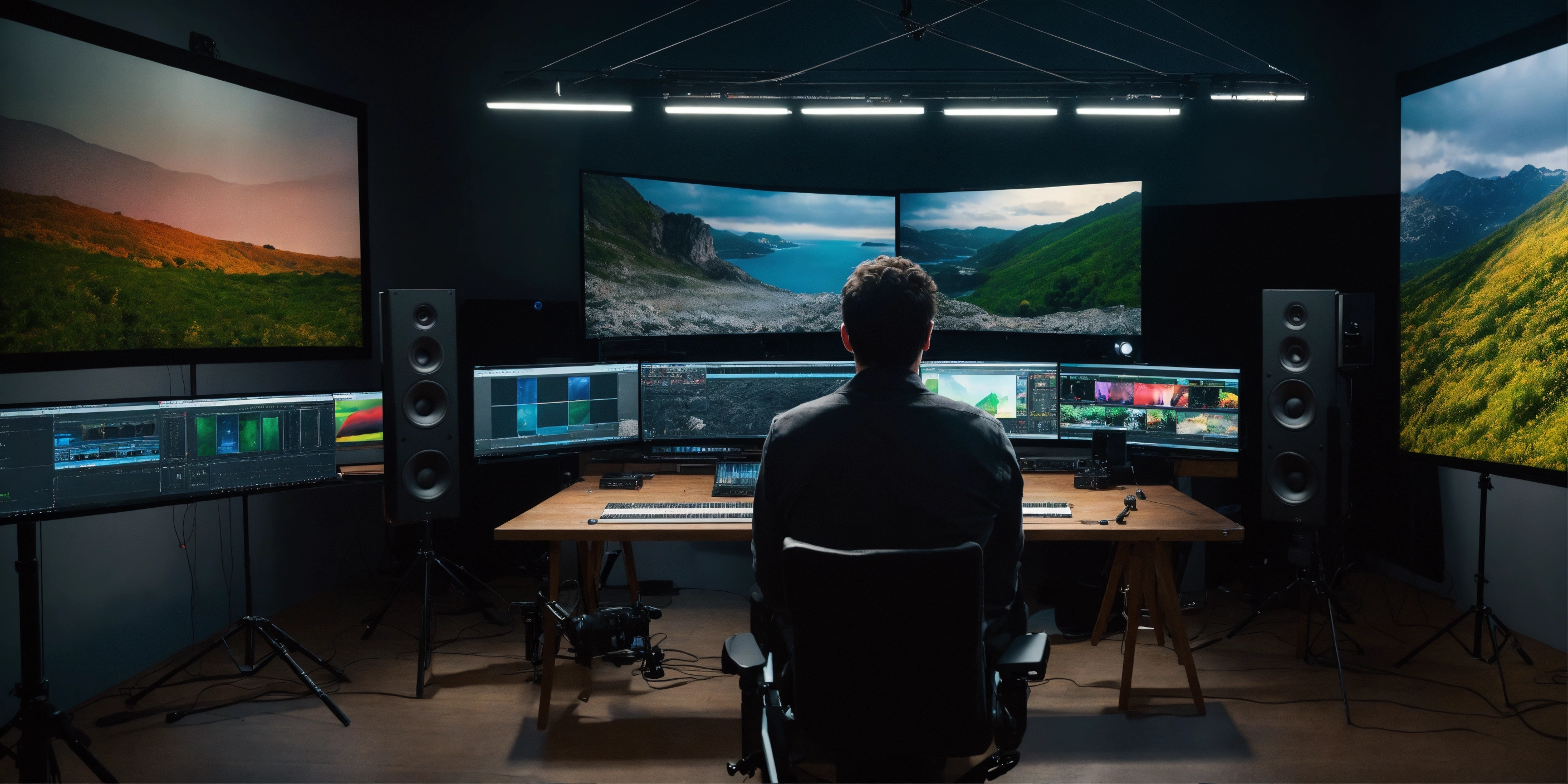 Lexica - Photo 16k réaliste, avec image d'un homme de dos monteur audiovisuel dans son studio ...