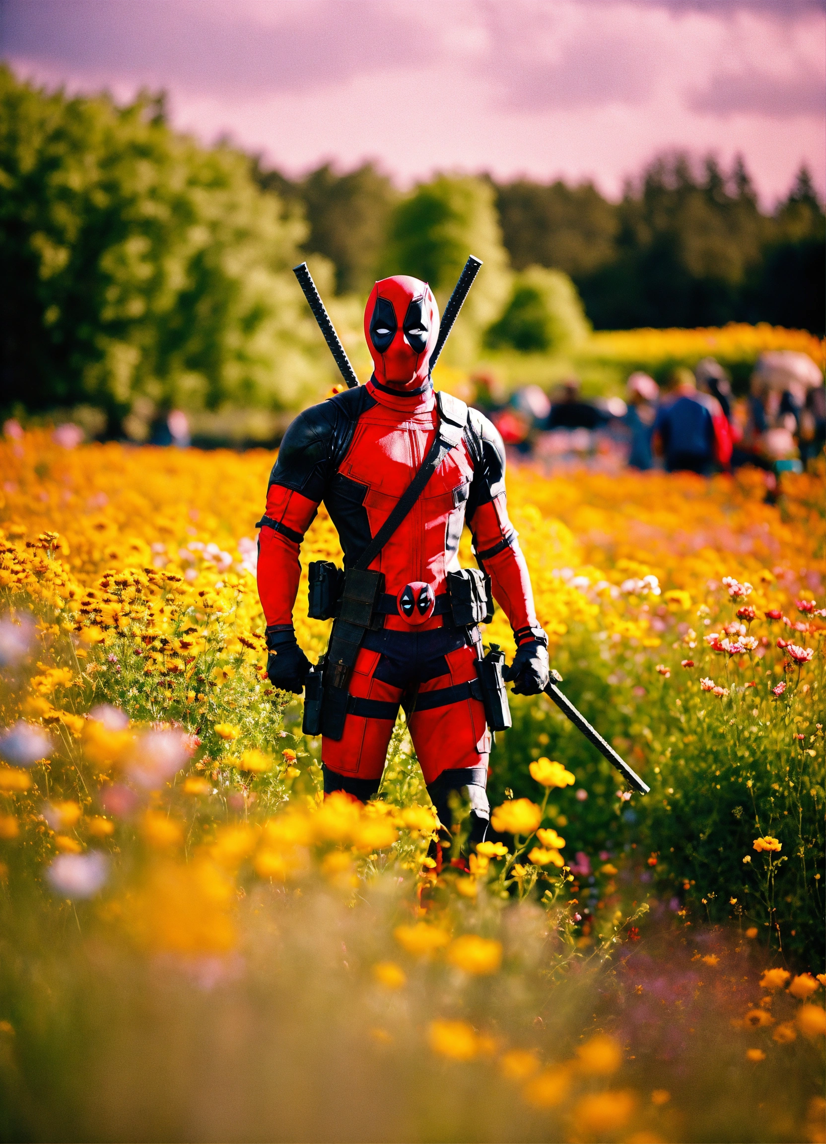 Lexica - Happy Deadpool standing in a beautiful field of flowers ...