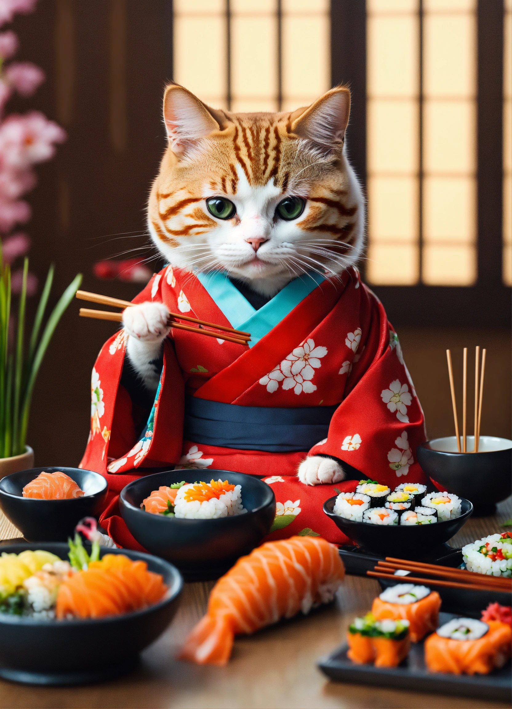 Lexica - A cute cat eating sushi with chopsticks, wearing a colorful ...