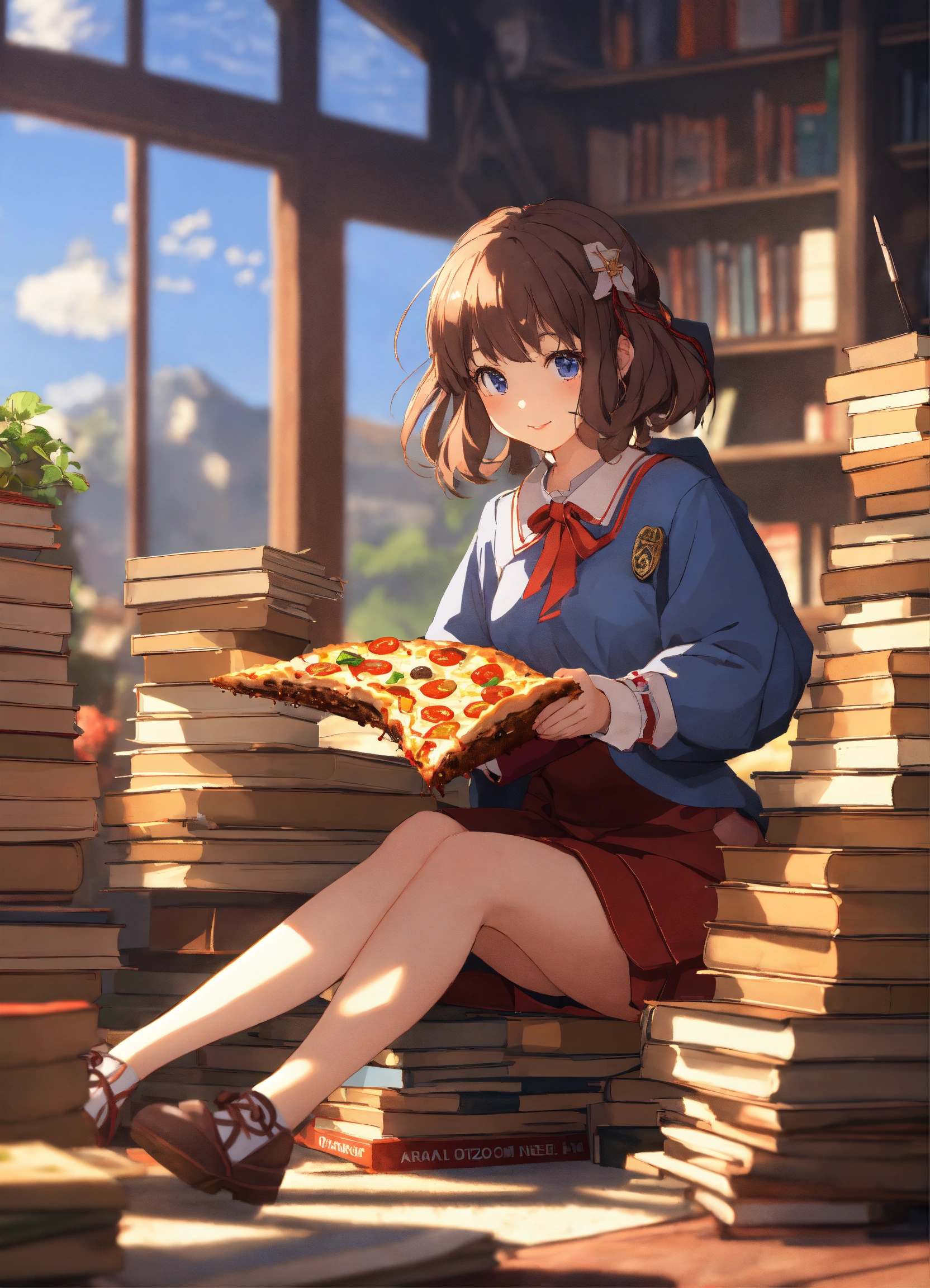 Lexica - Anime girl, piles of books, Catholicism, pizza, Japanese ...
