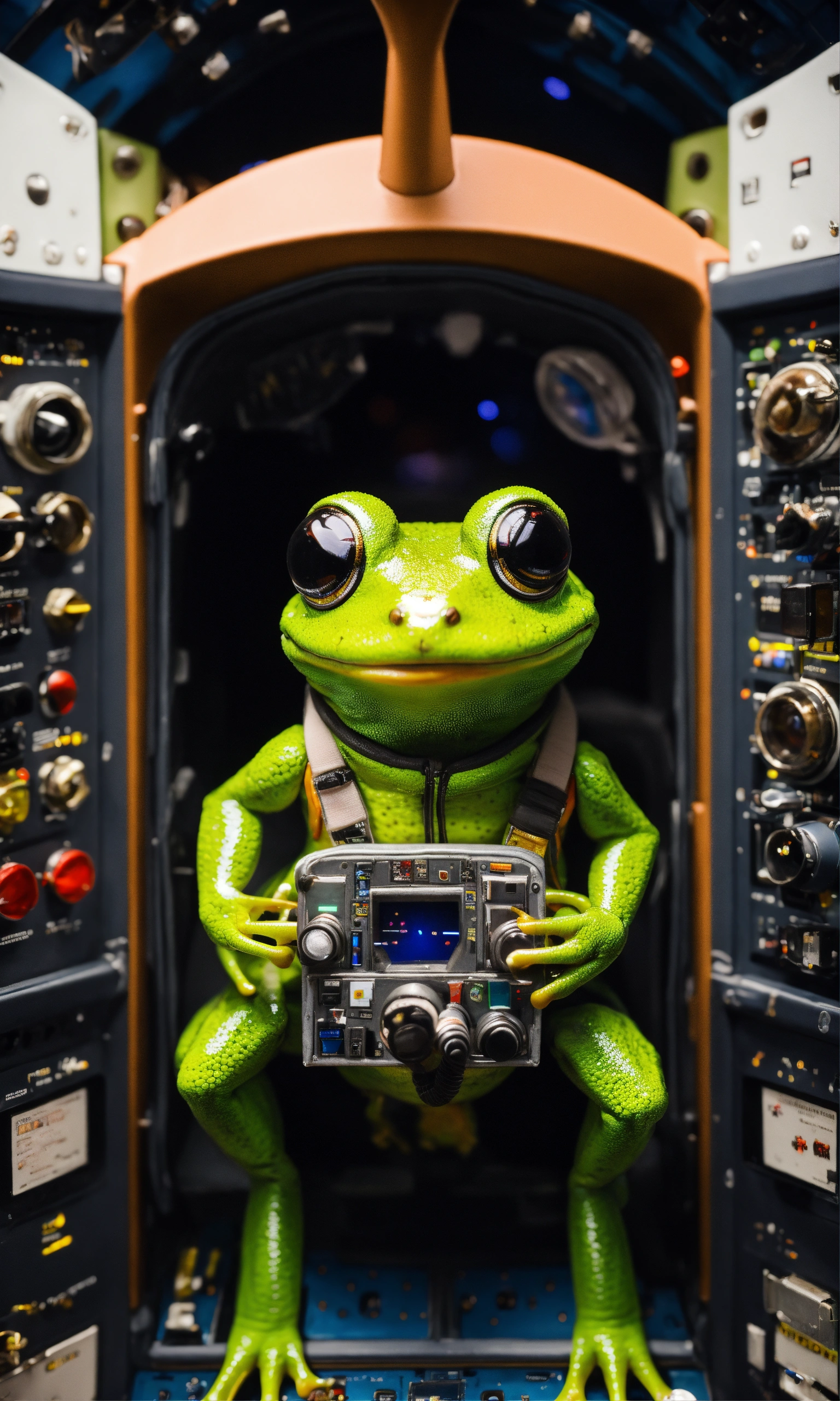 Lexica - A cute and tiny frog commander inside the Space Shuttle's control cockpit.