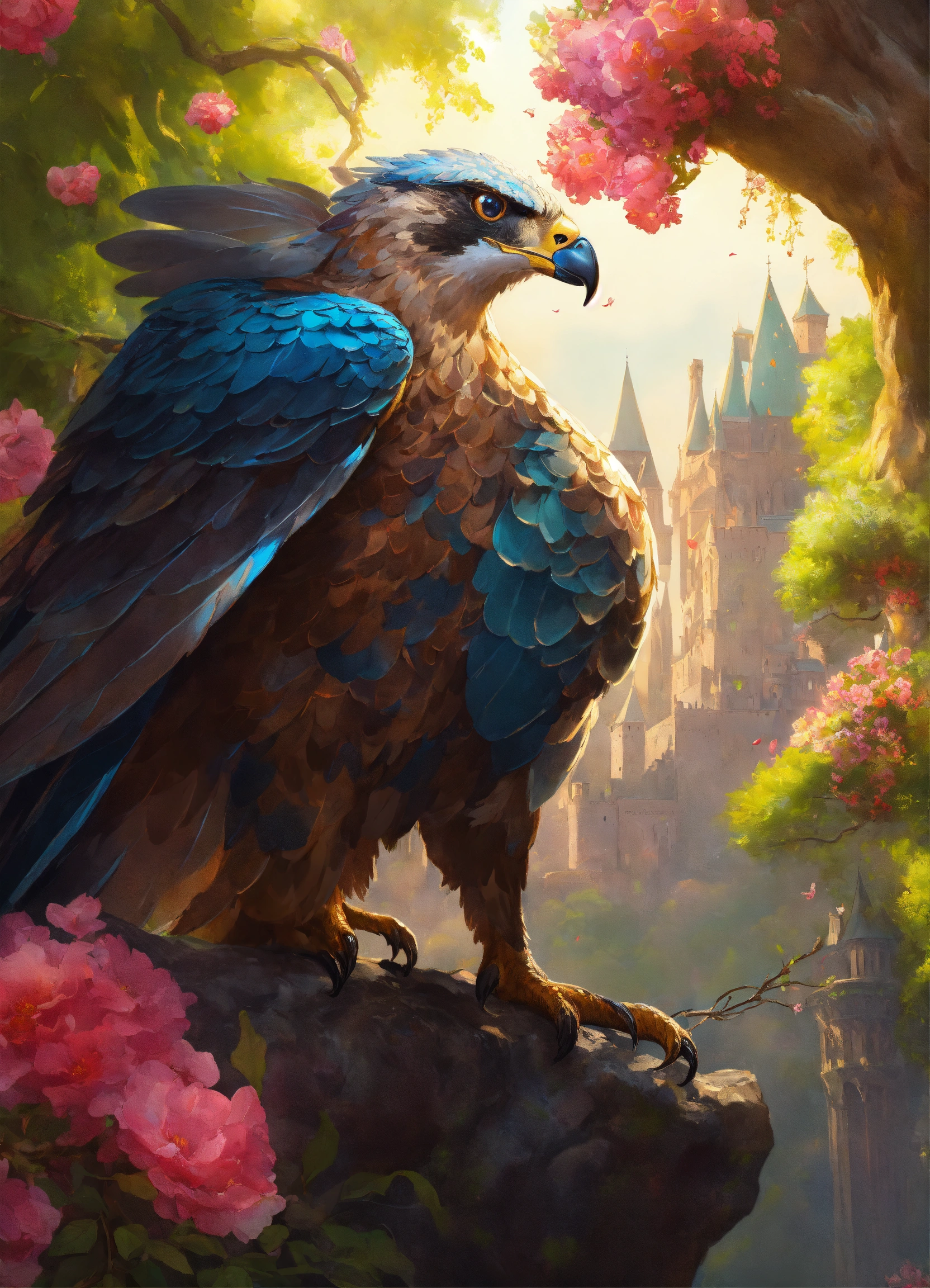 Lexica - Big animal falcon, wears magical armor, flying around castle ...
