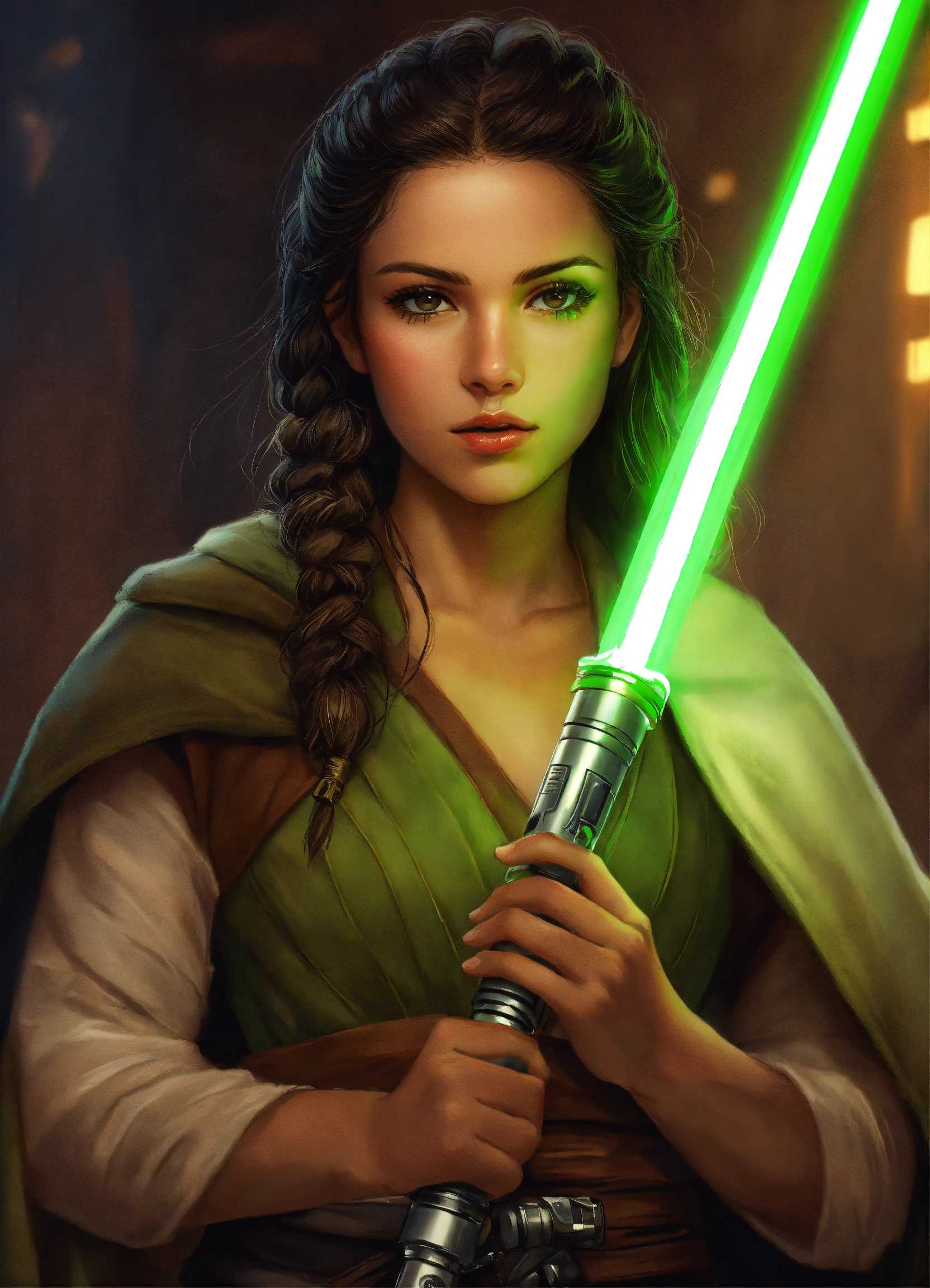 Lexica - Victoria Moroles, Young woman, jedi knight, holding two green ...