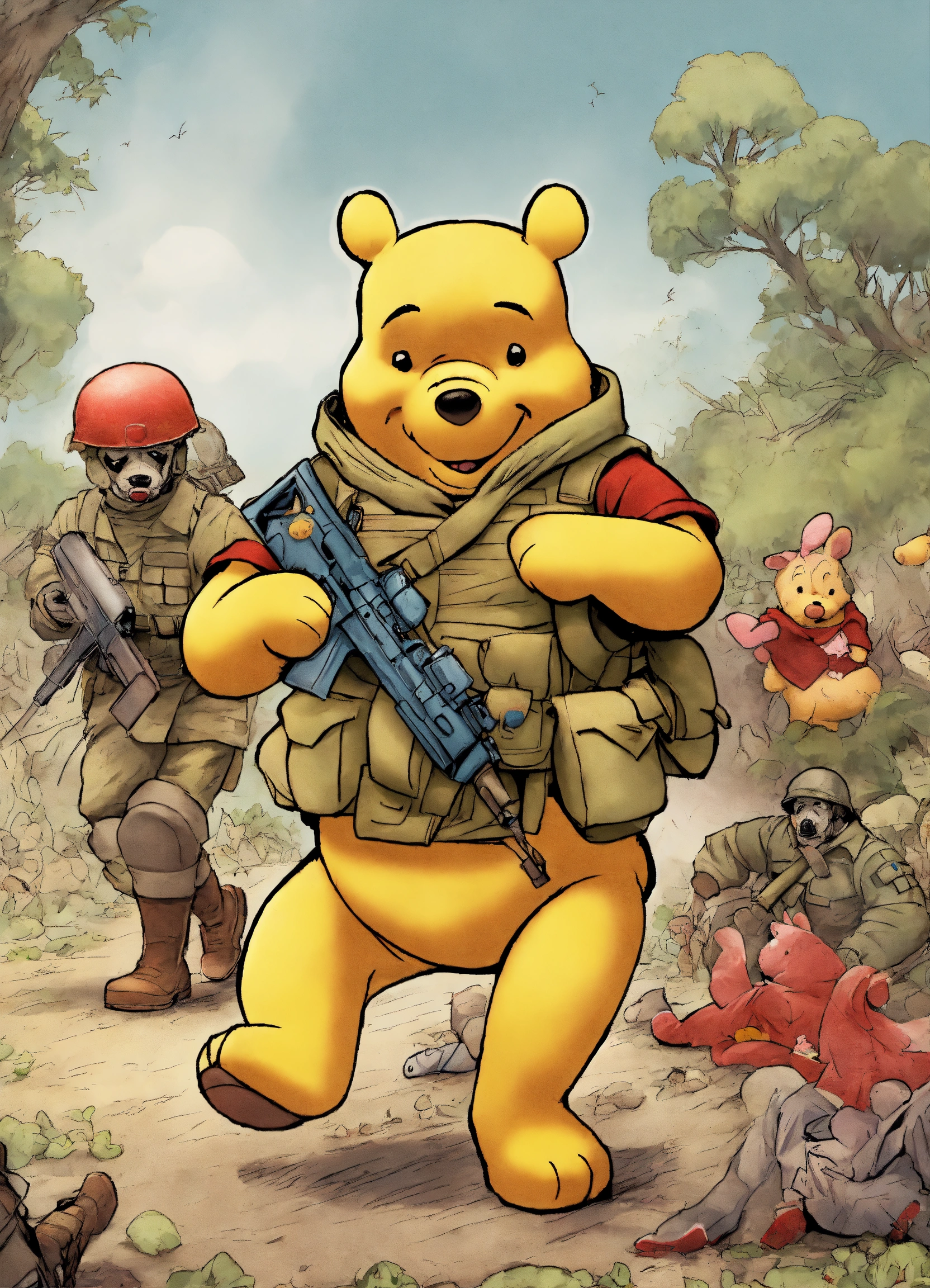 Lexica - Winnie the Pooh as a soldier fighting the zombies.