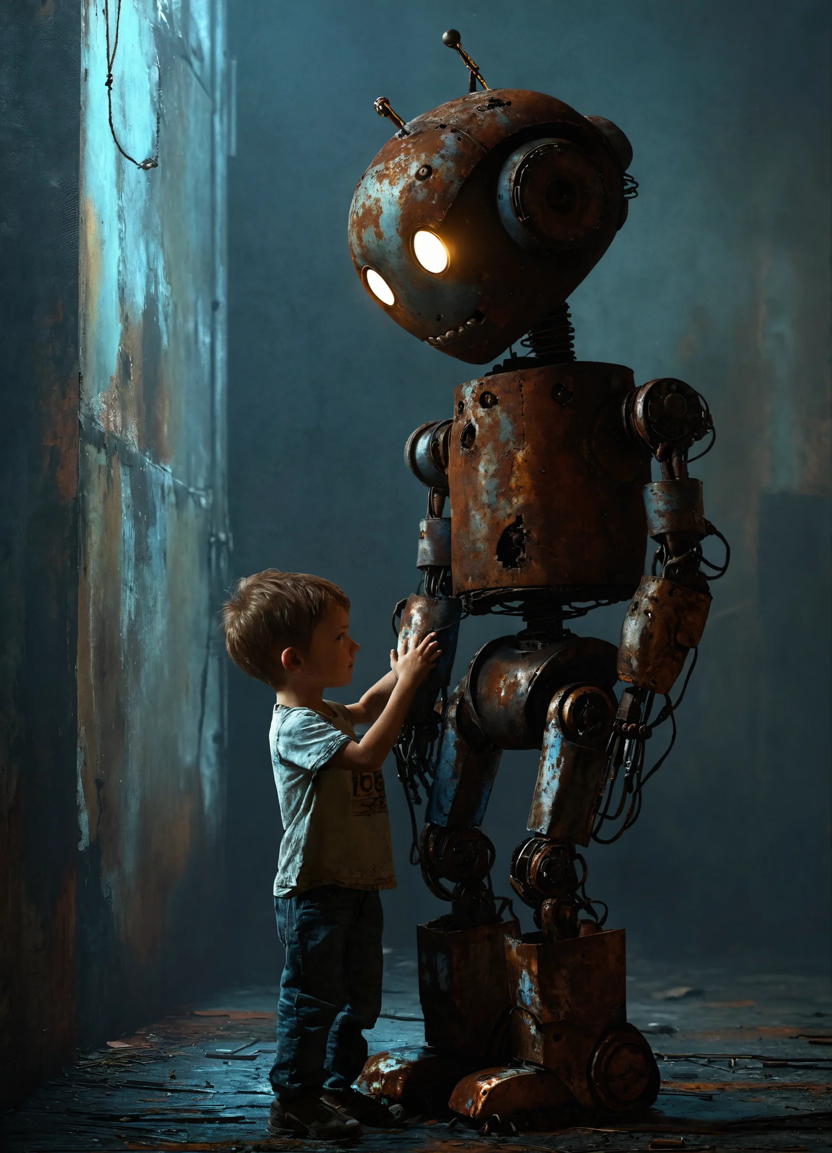 Lexica - Niño de 4 años, con enorme robot viejo y oxidado, abrazándose ...