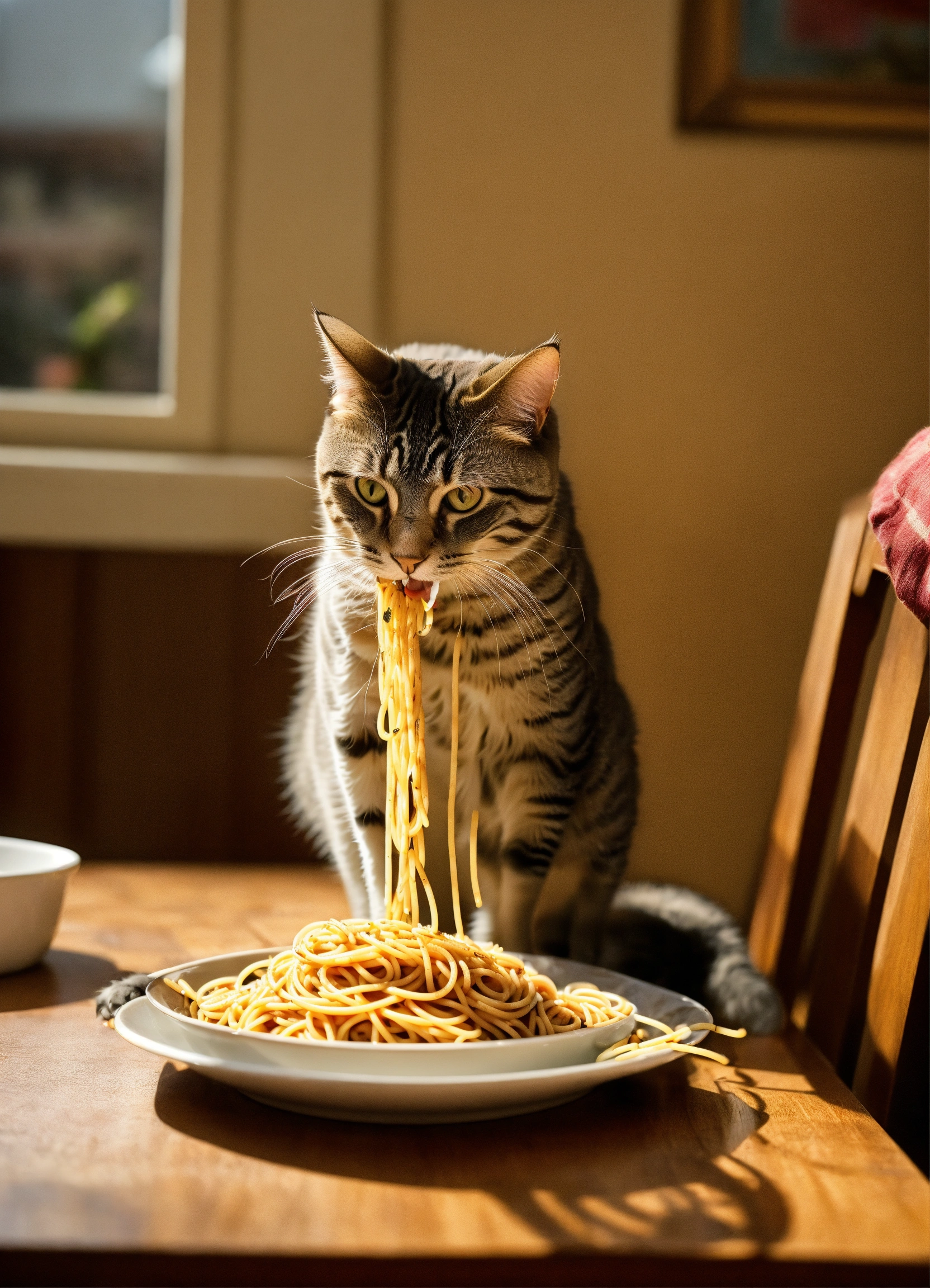 Lexica - A cat standing on 2 legs, eating spaghetti