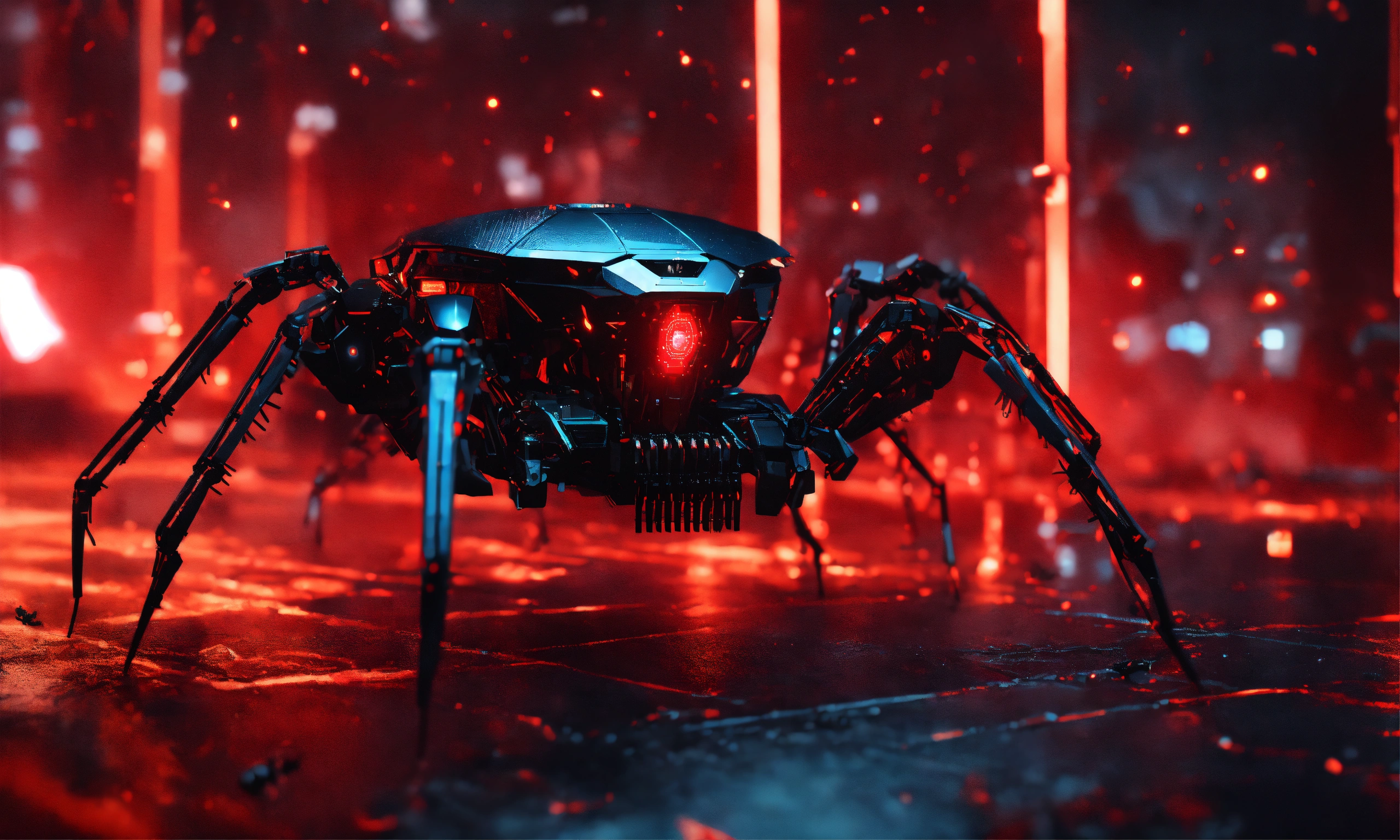 Lexica - 100's of black armored robotic spiders with glowing red ...