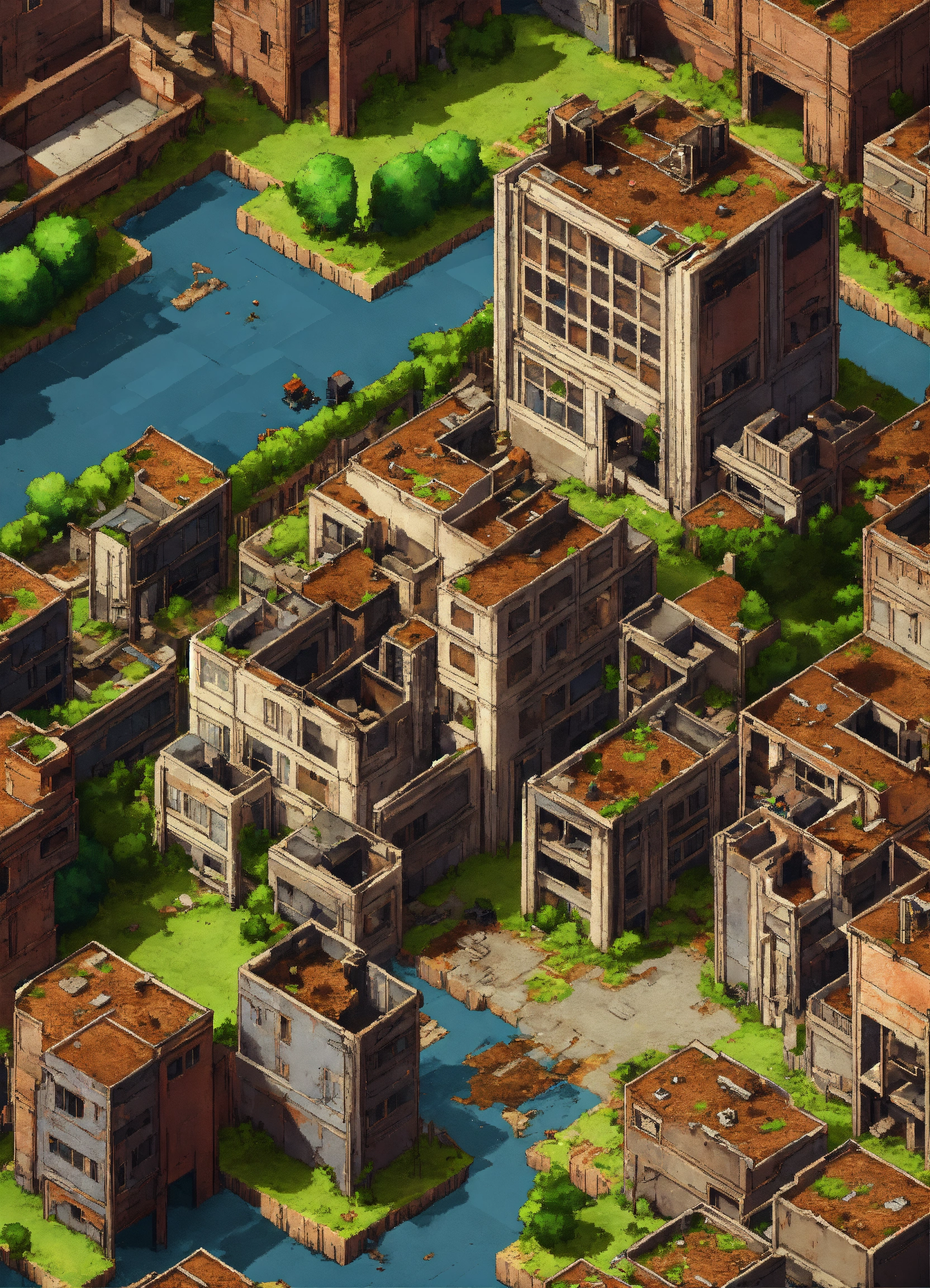 Lexica - Simple pixel apocalyptic city ruins from directly above