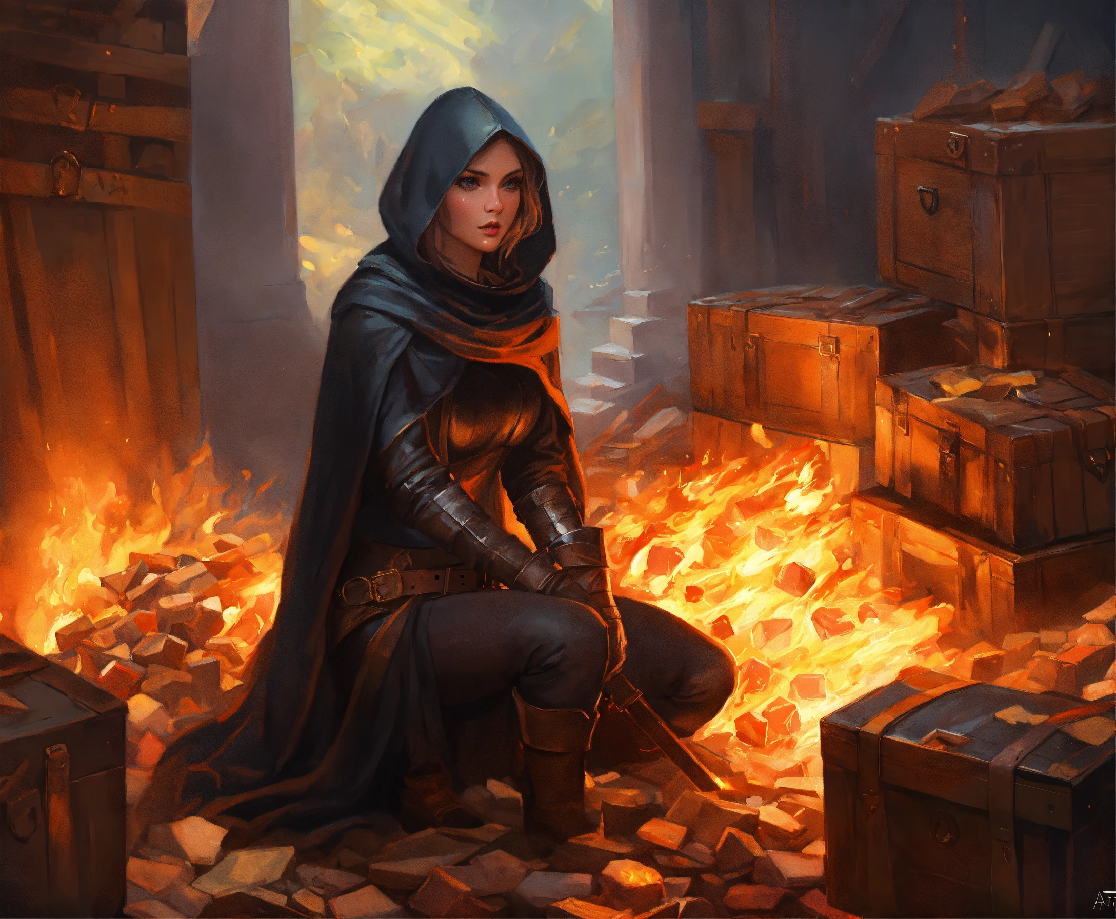 Lexica - Fantasy Painting, medieval female Thief in black cowl, places ...