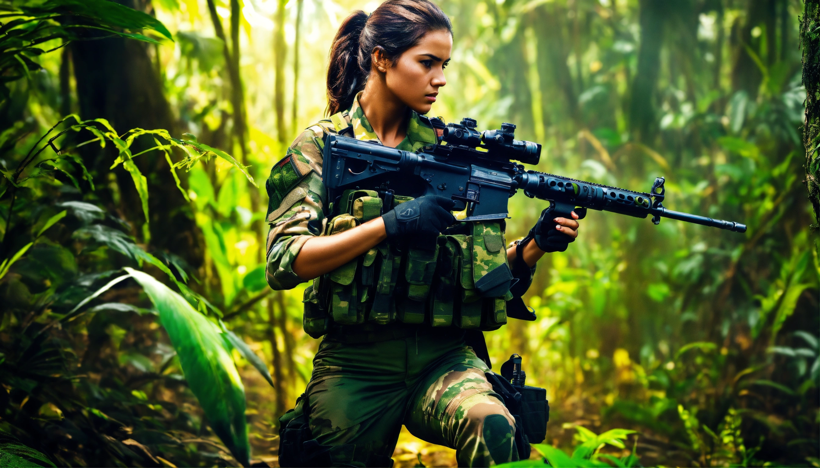Lexica - Female commandos in jungle, perfect face, full camouflage, HDR ...