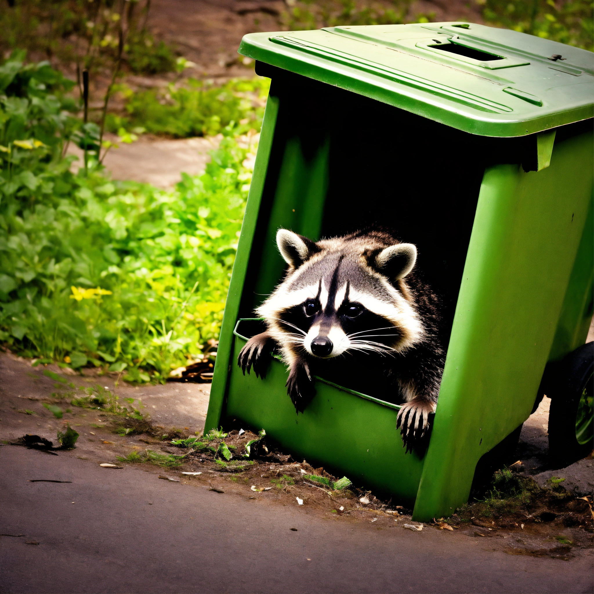 Lexica - A photograph of a raccoon digging through a recycling bin ...