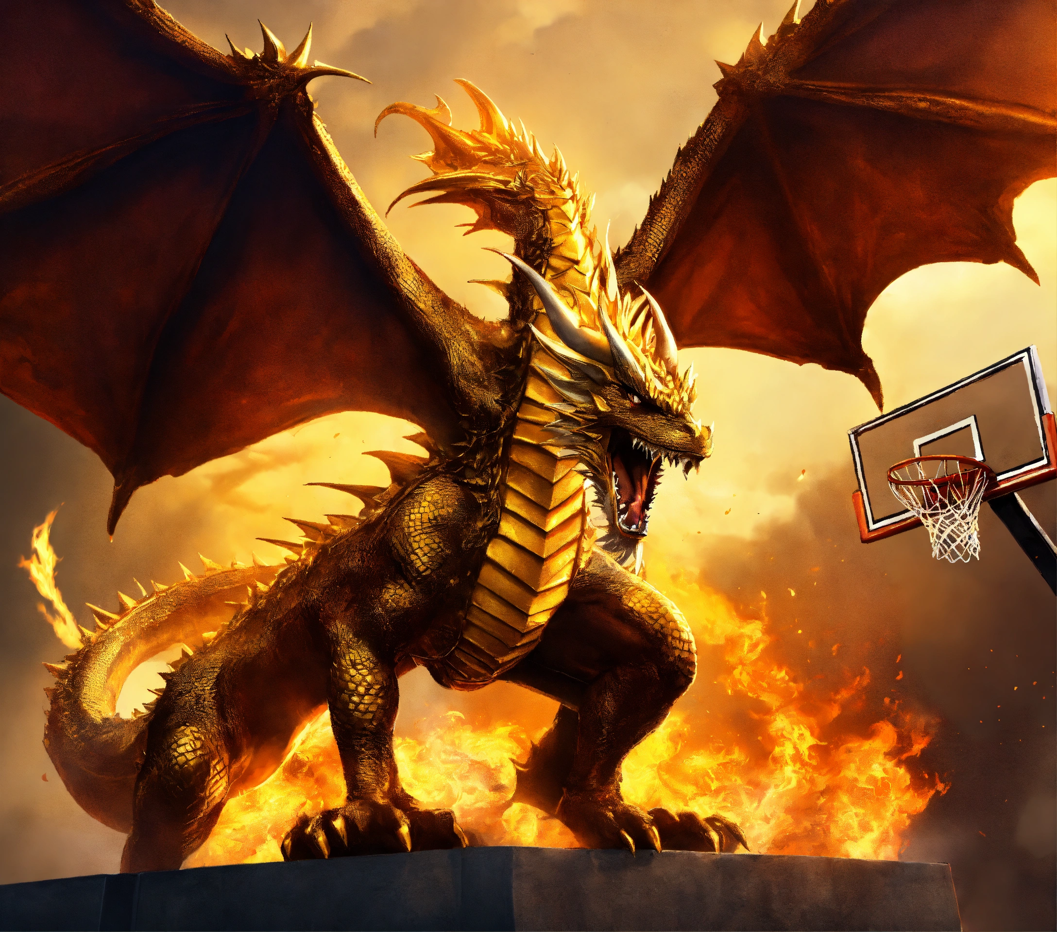 Lexica - A scary strong gold dragon with basketball shooting fire ...